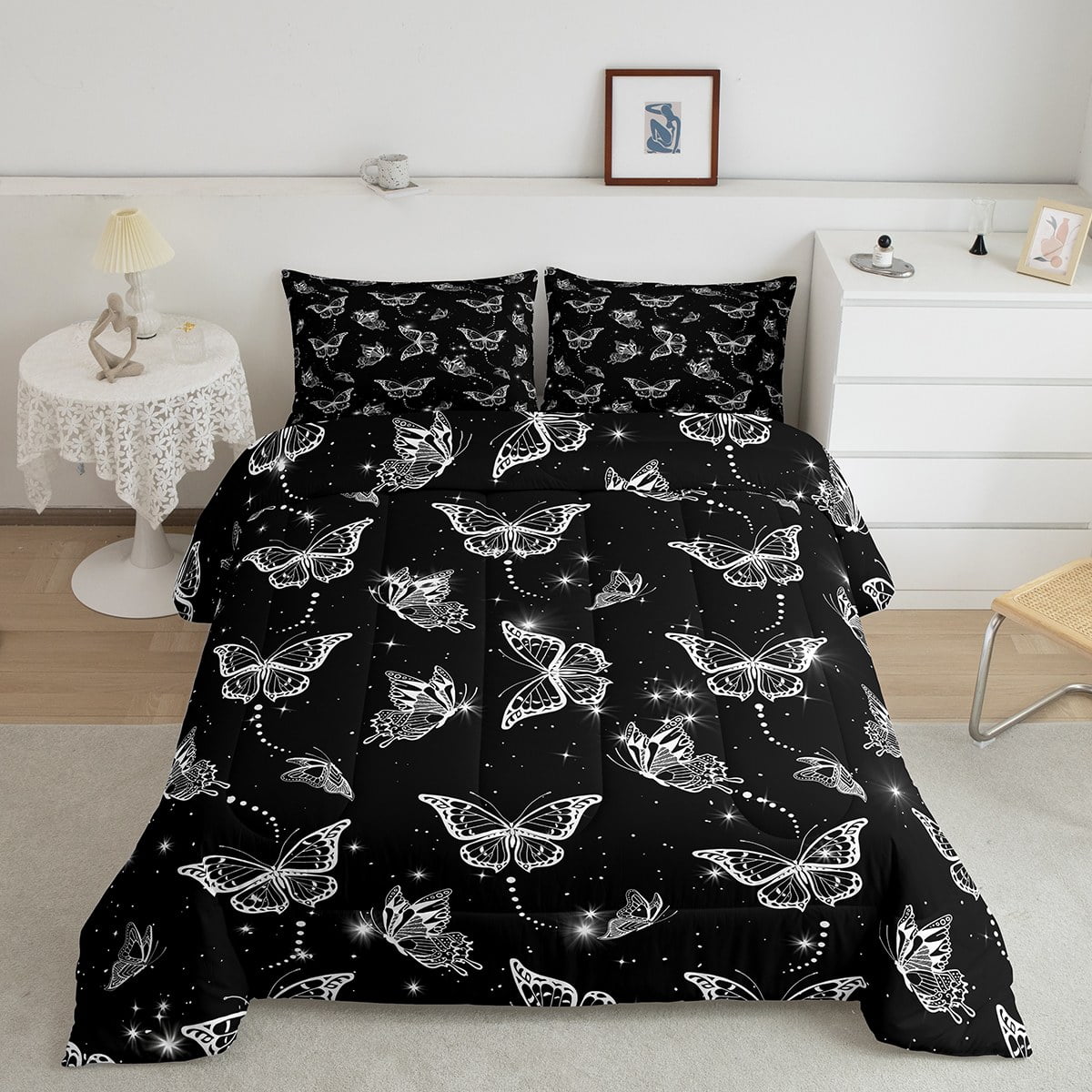 White Butterflies Comforter Set for Teen ,Moth Wildlife Wild Animal ...