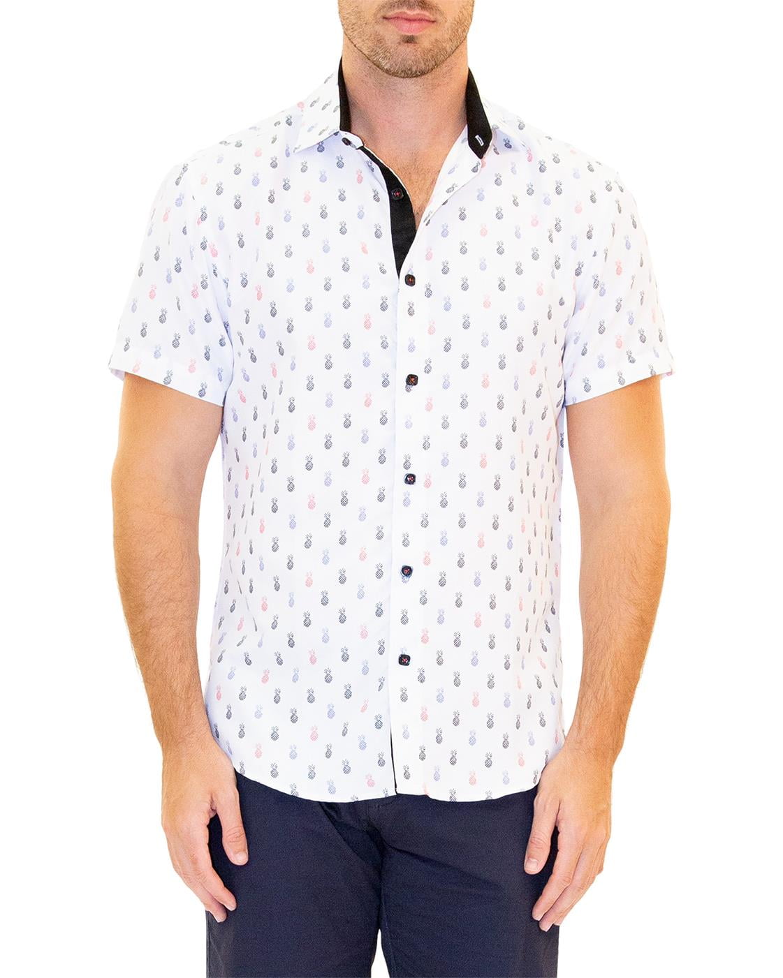 White Button Up Short Sleeve Dress Shirt, White/Black, Size: 2X, Vacay ...