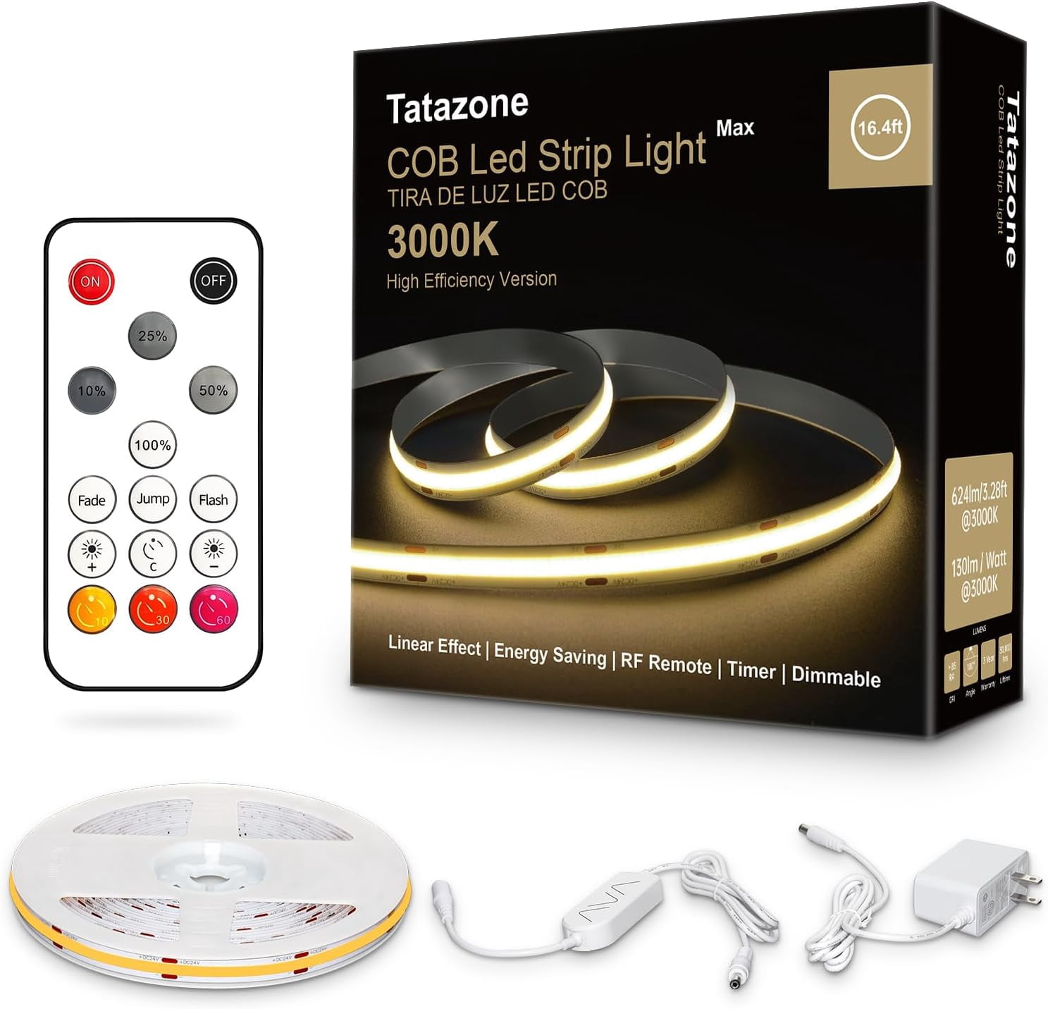 White COB Led Strip Lights Max with RF Remote, 16.4ft 3000K Dimmable ...