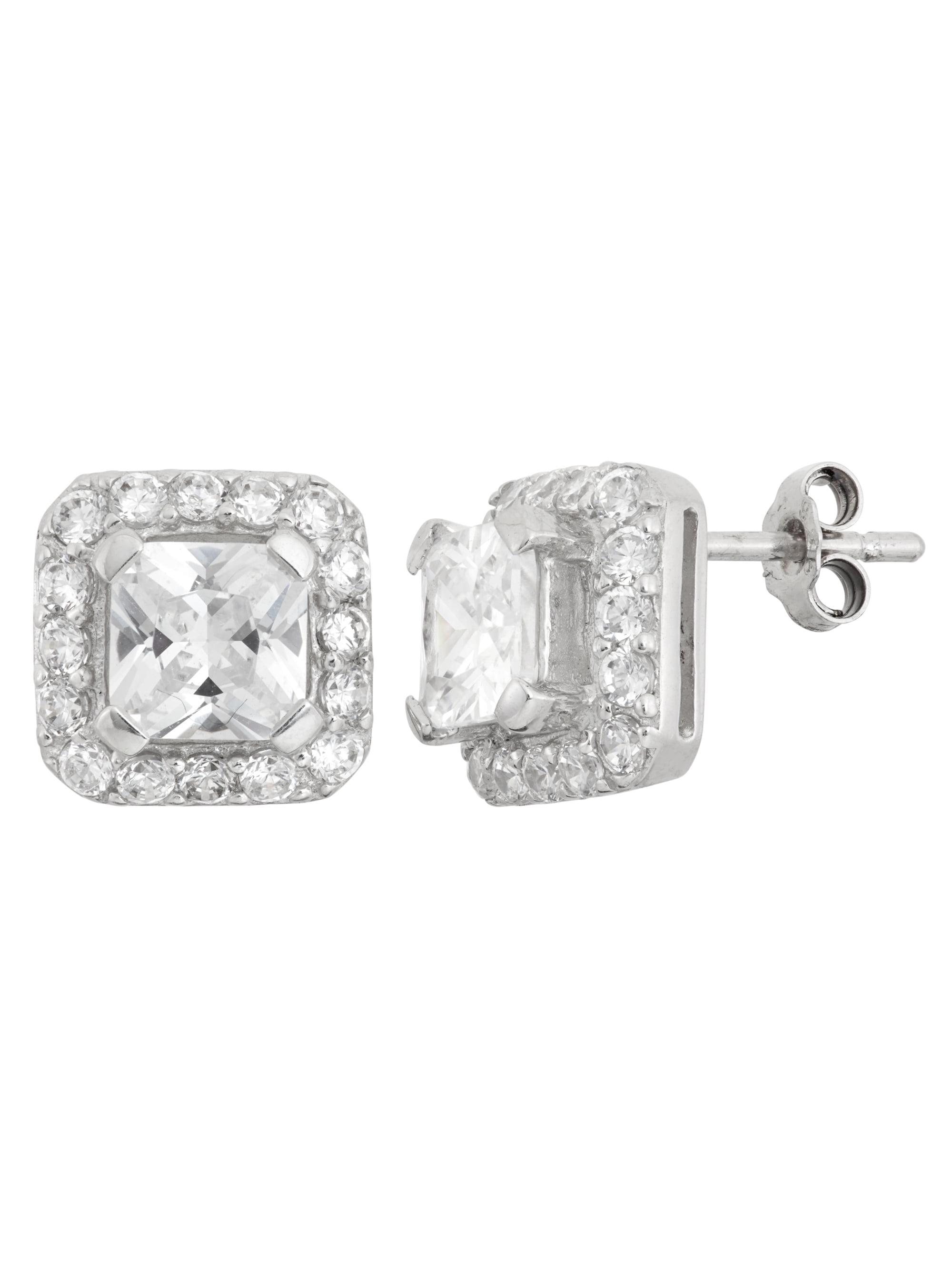 White CZ Sterling Silver Square Halo Stud Earrings - Walmart.com
