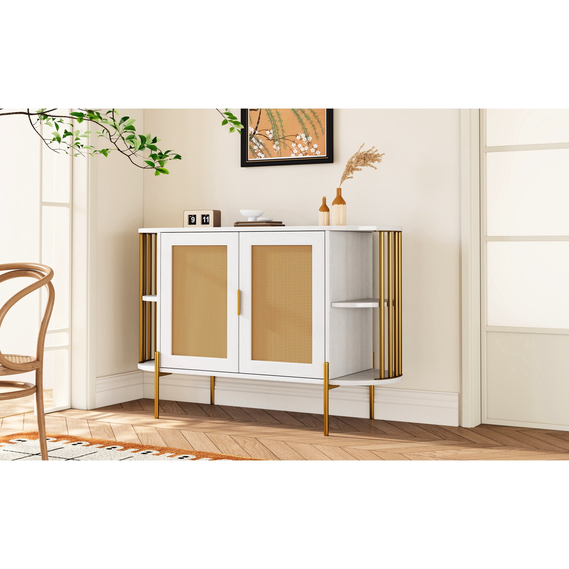 White Cabinet With Elegant Gold Trim And Woven , Made Of Particleboard ...