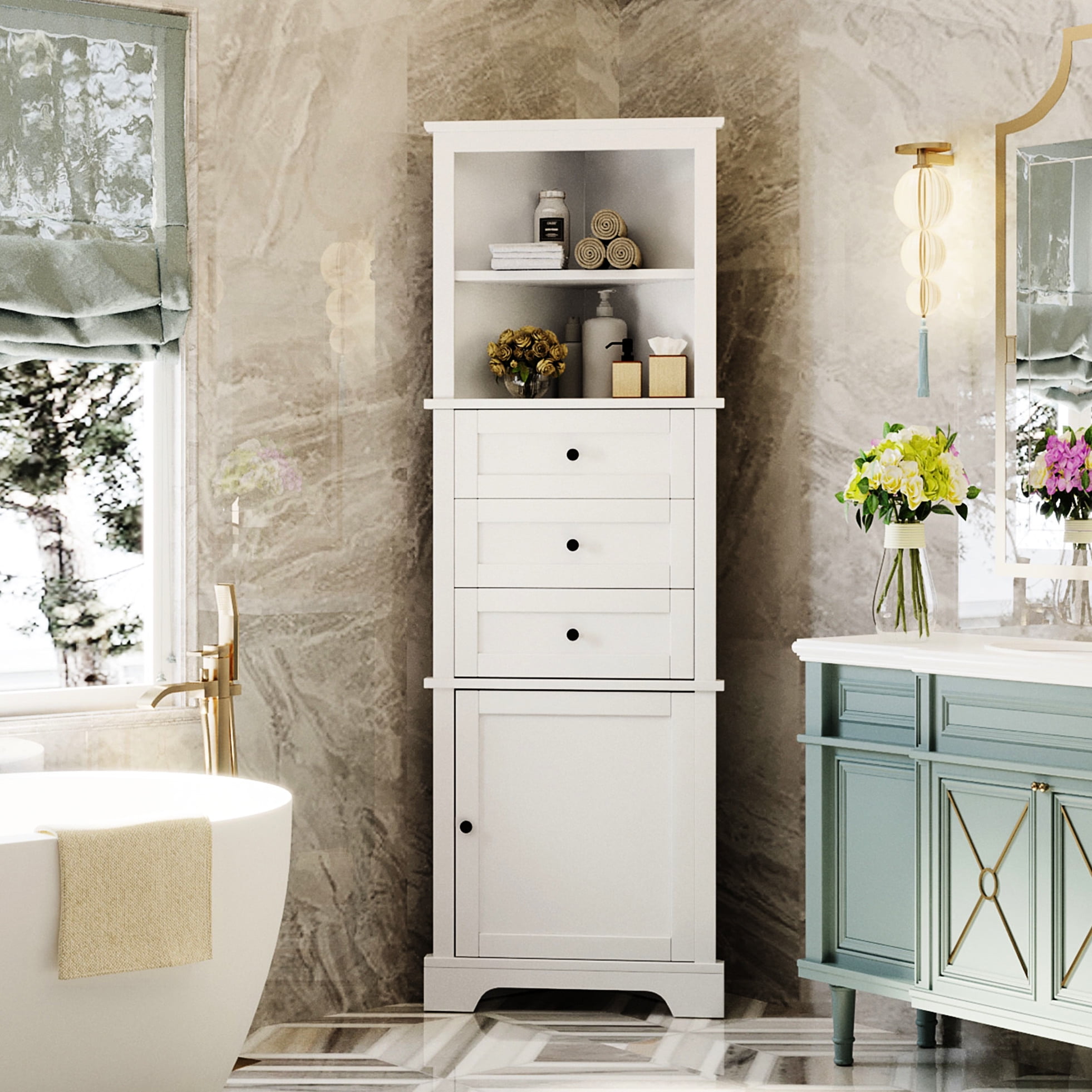 White Cabinet With 3 Drawers And Adjustable Shelves For Media Room ...