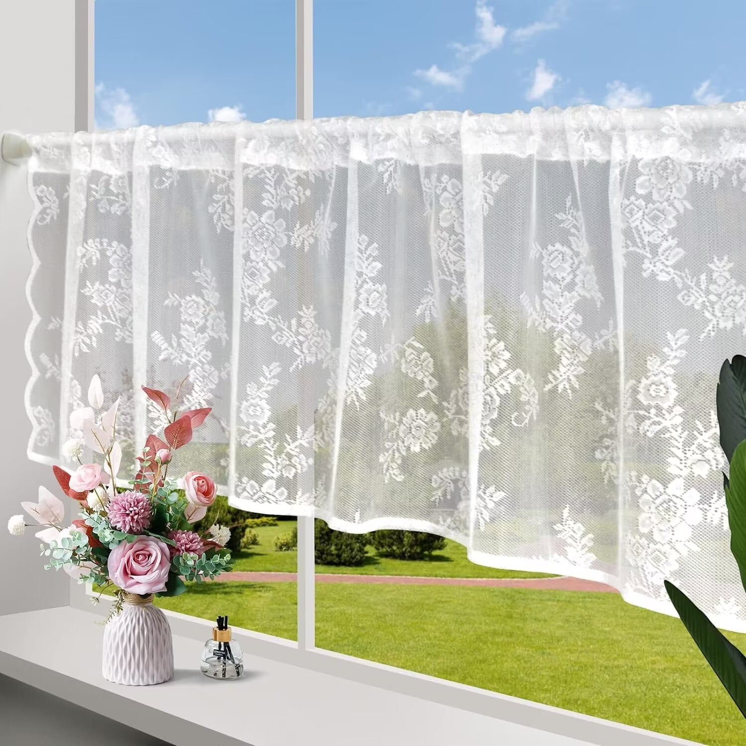 White Cafe Net Curtains Rhododendron Half Net Curtains for Kitchen ...