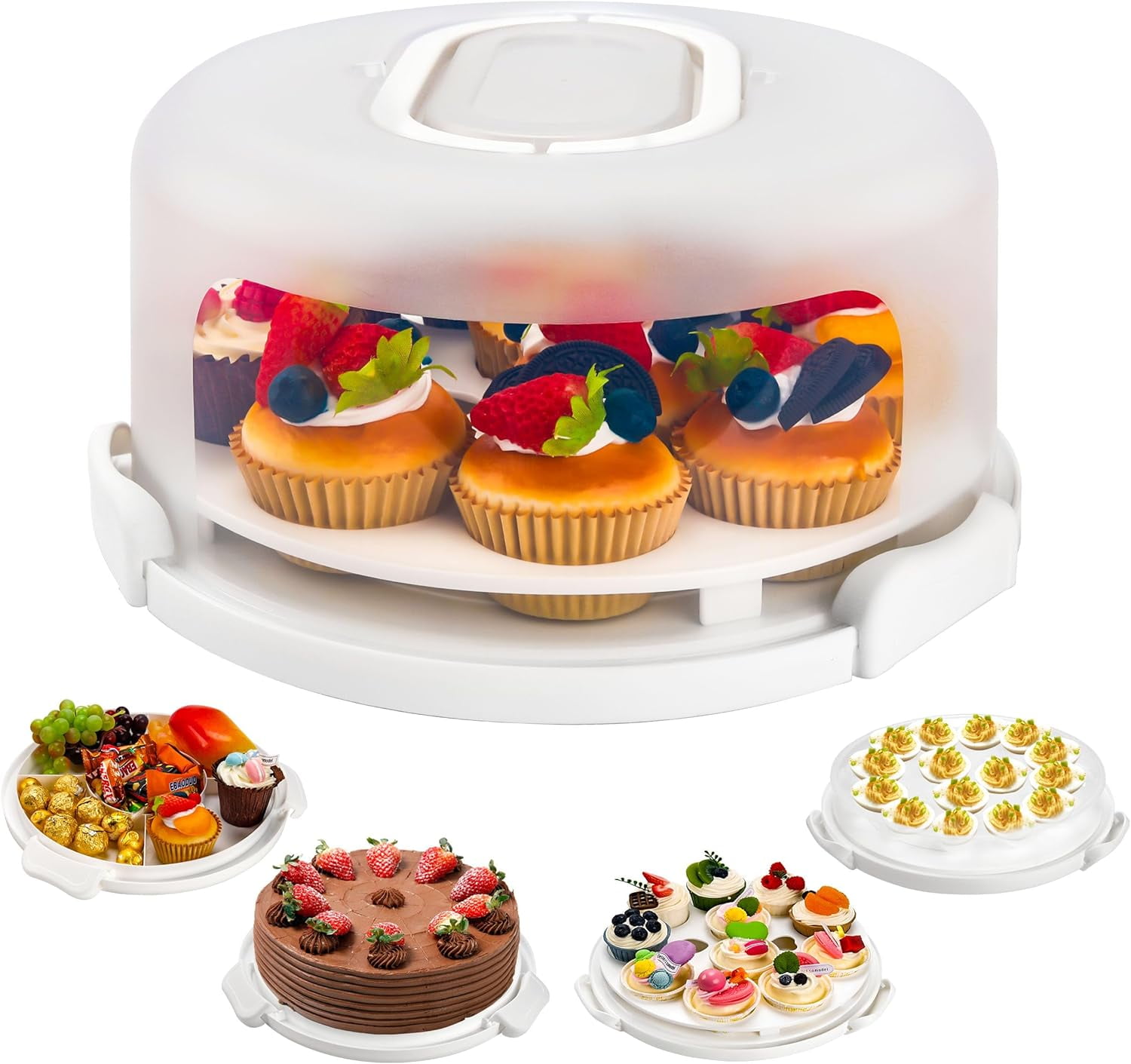 White Cake Containers with Lids Round Plastic Cupcake Holders 4-in-1 ...