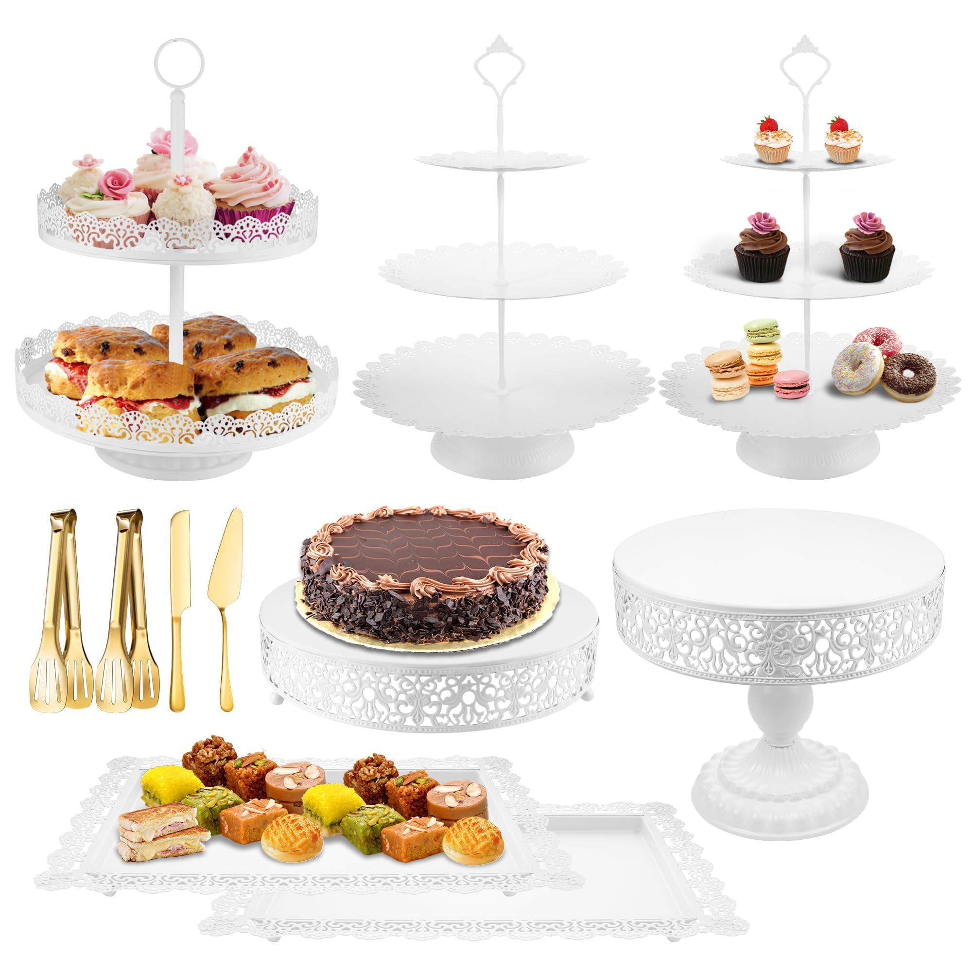 White Cake Stand Dessert Table Display Set, Metal Cupcake Holder Fruits ...