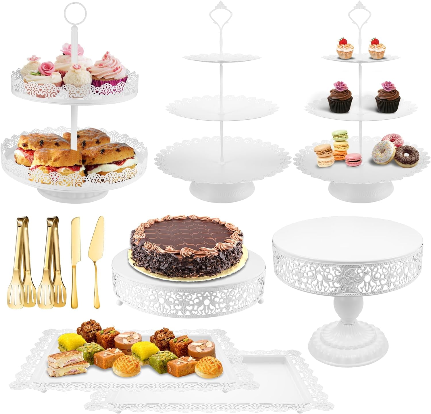White Cake Stand Dessert Table Display Set, Metal Tiered Cupcake Holder ...