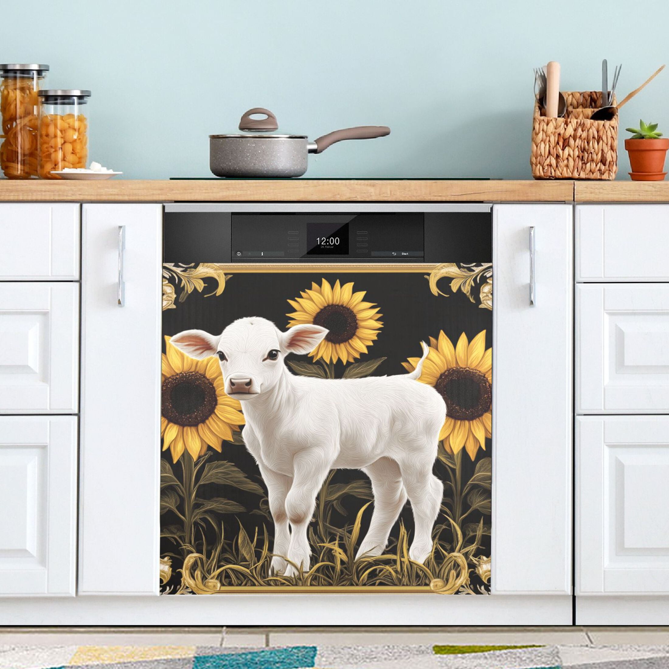White Calf Sunflowers in Frame Dishwasher Magnet Refrigerator Magnetic ...