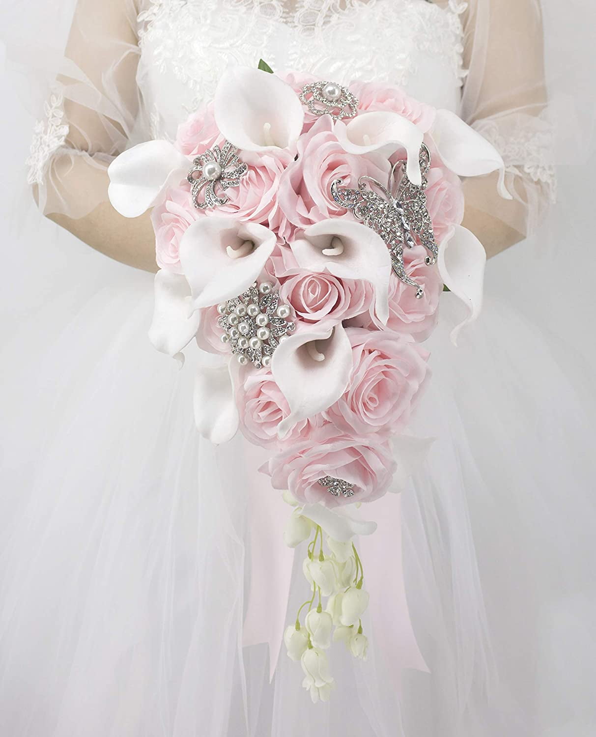 White Calla Lily and Rose Cascading Bride Bouquet Waterfall Wedding ...