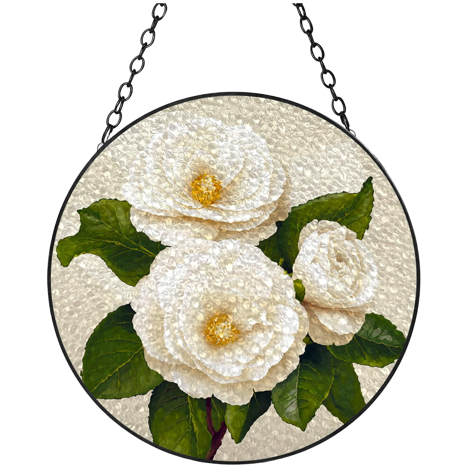 White Camellia Flowers Stained Glass Suncatcher Colored Handmade Window 8353