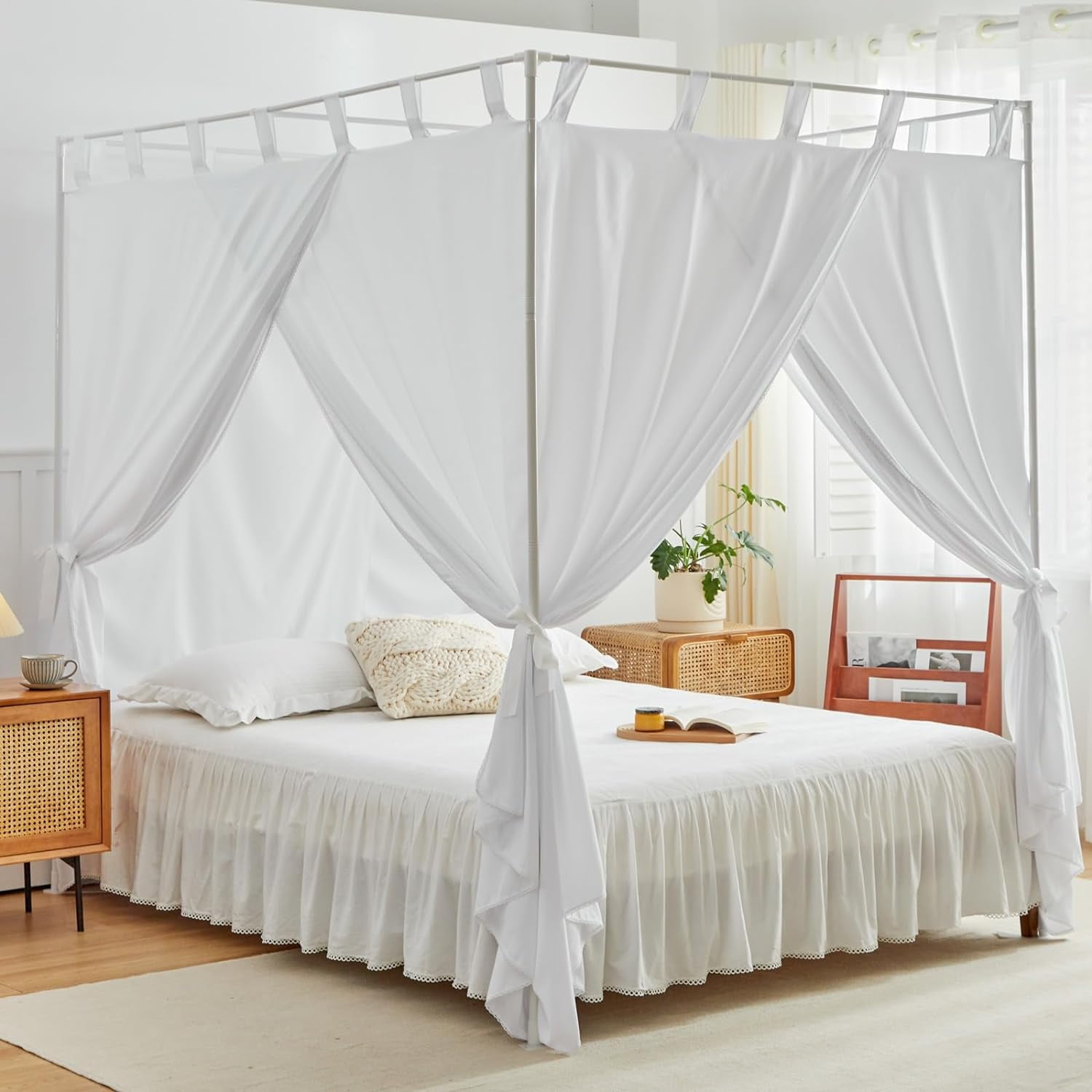 White Canopy Bed Curtains with Top Ties and Tie Backs for Bedroom ...