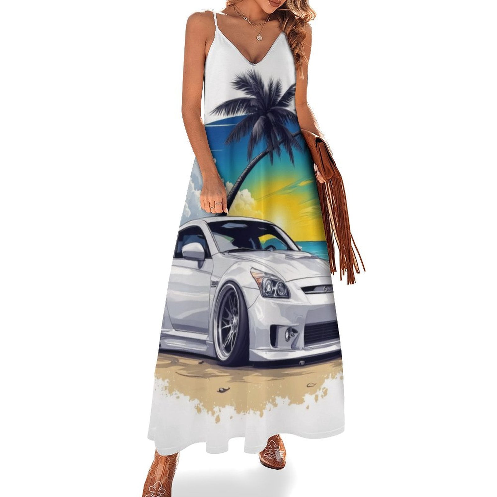 White Car on Beach Sunset Sleeveless Dress Women's Luxury Party Dress ...