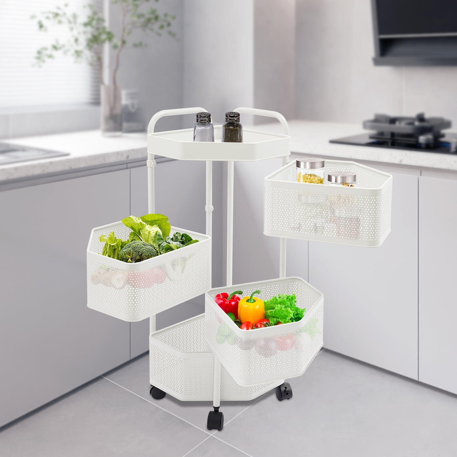 White Carbon Steel 27*27*79.5cm 4-Story Rotary Storage Rack Wheeled ...