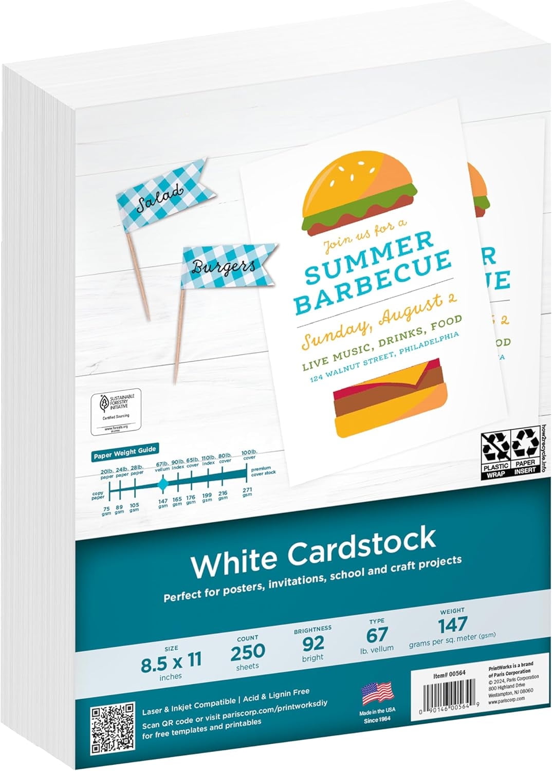 White Cardstock Kraft Paper - 250 Count - Made in the USA - 92 ...