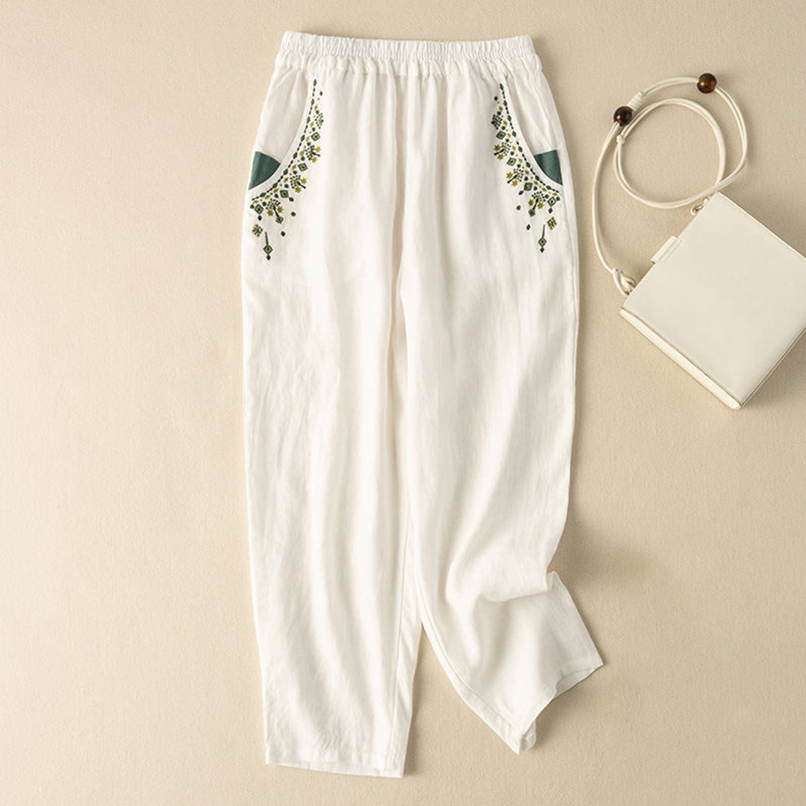 White Cargo Pants Women's Cotton and Linen Retro Embroidered Carrot ...