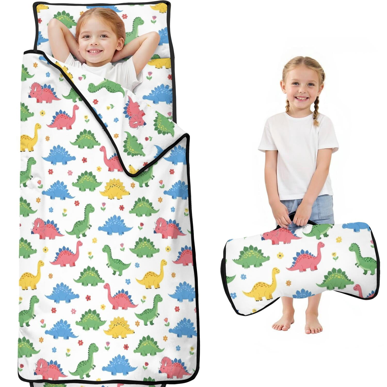White Cartoon Dinosaurs Flowers Pattern Teens Toddler Nap Mat with ...