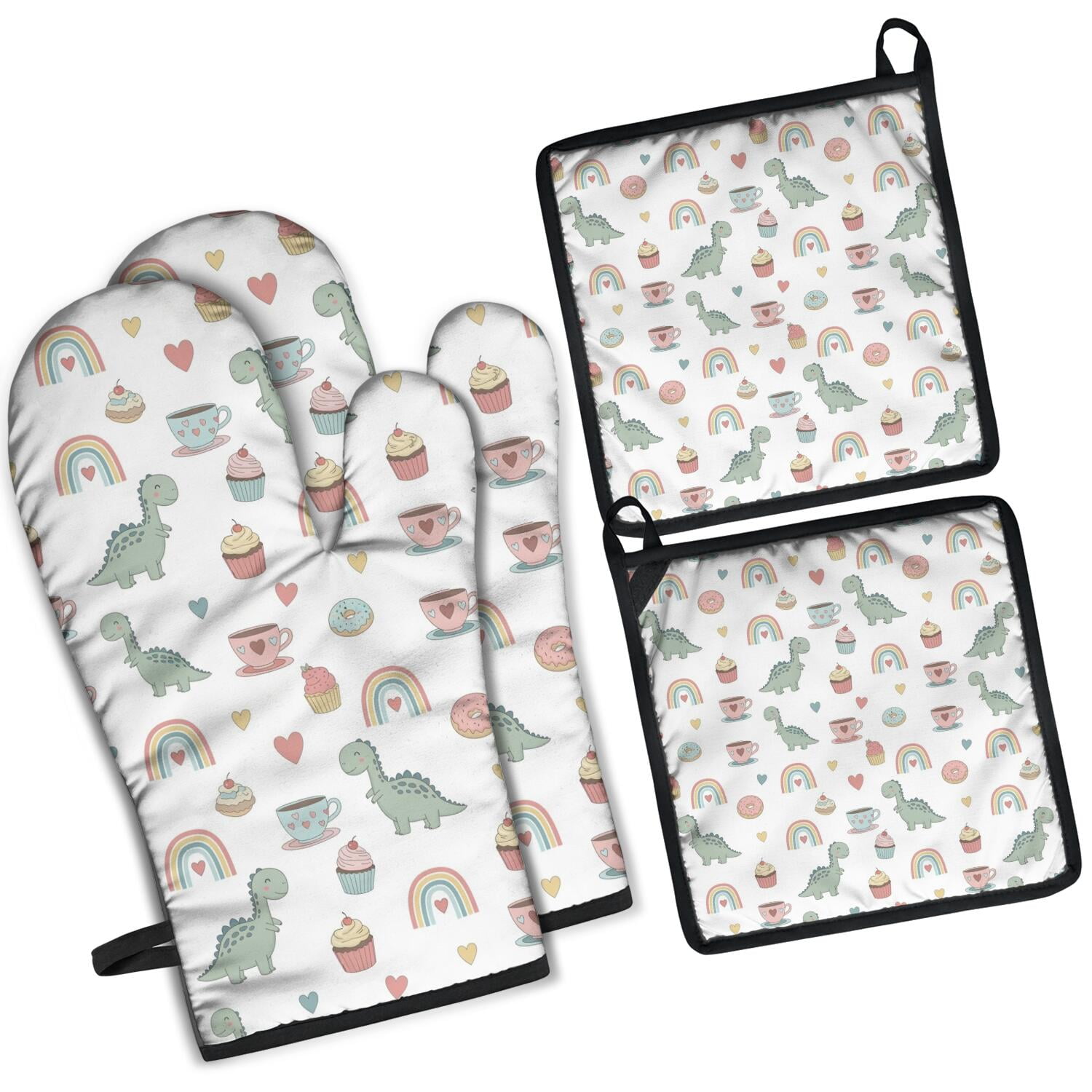 White Cartoon Dinosaurs Sweets Rainbows Pattern Kitchen Oven Mitt and ...