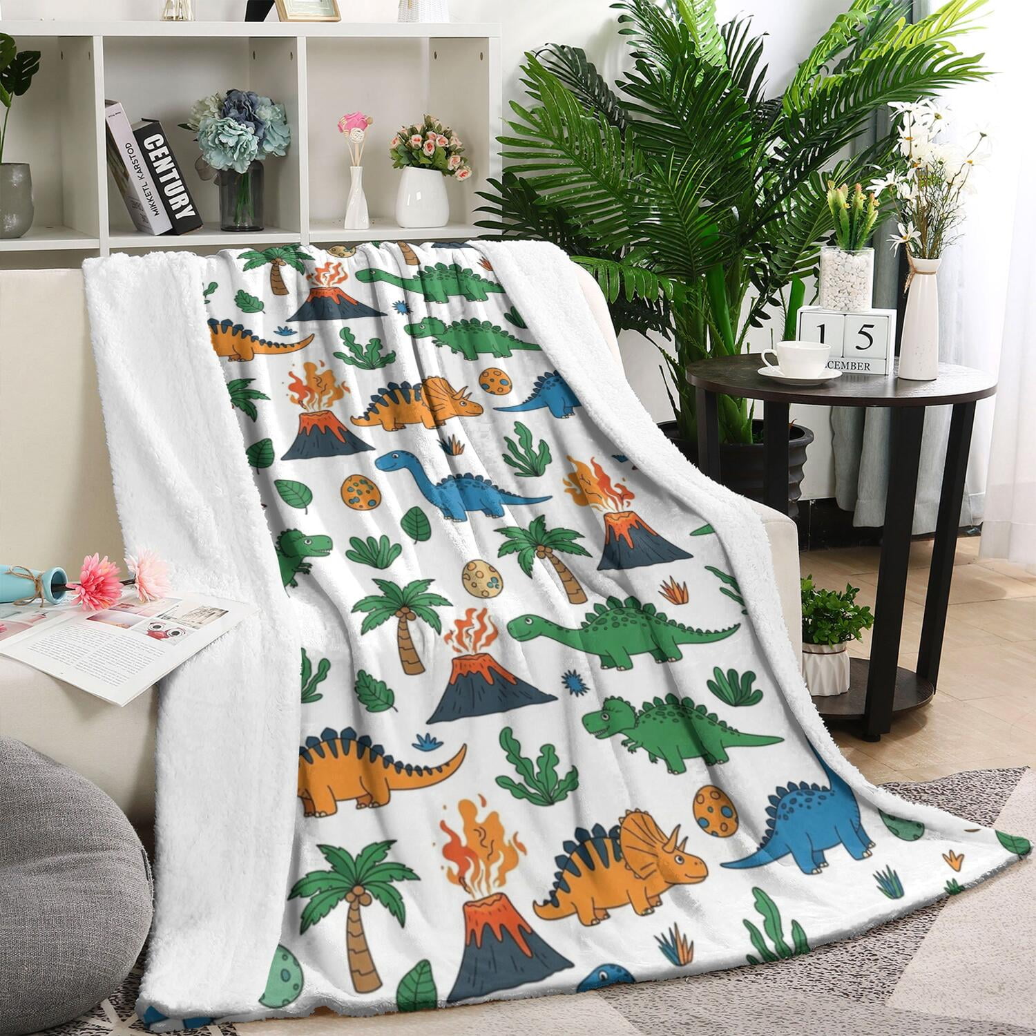 White Cartoon Dinosaurs Volcanoes Pattern Blanket,Comfortable Soft ...