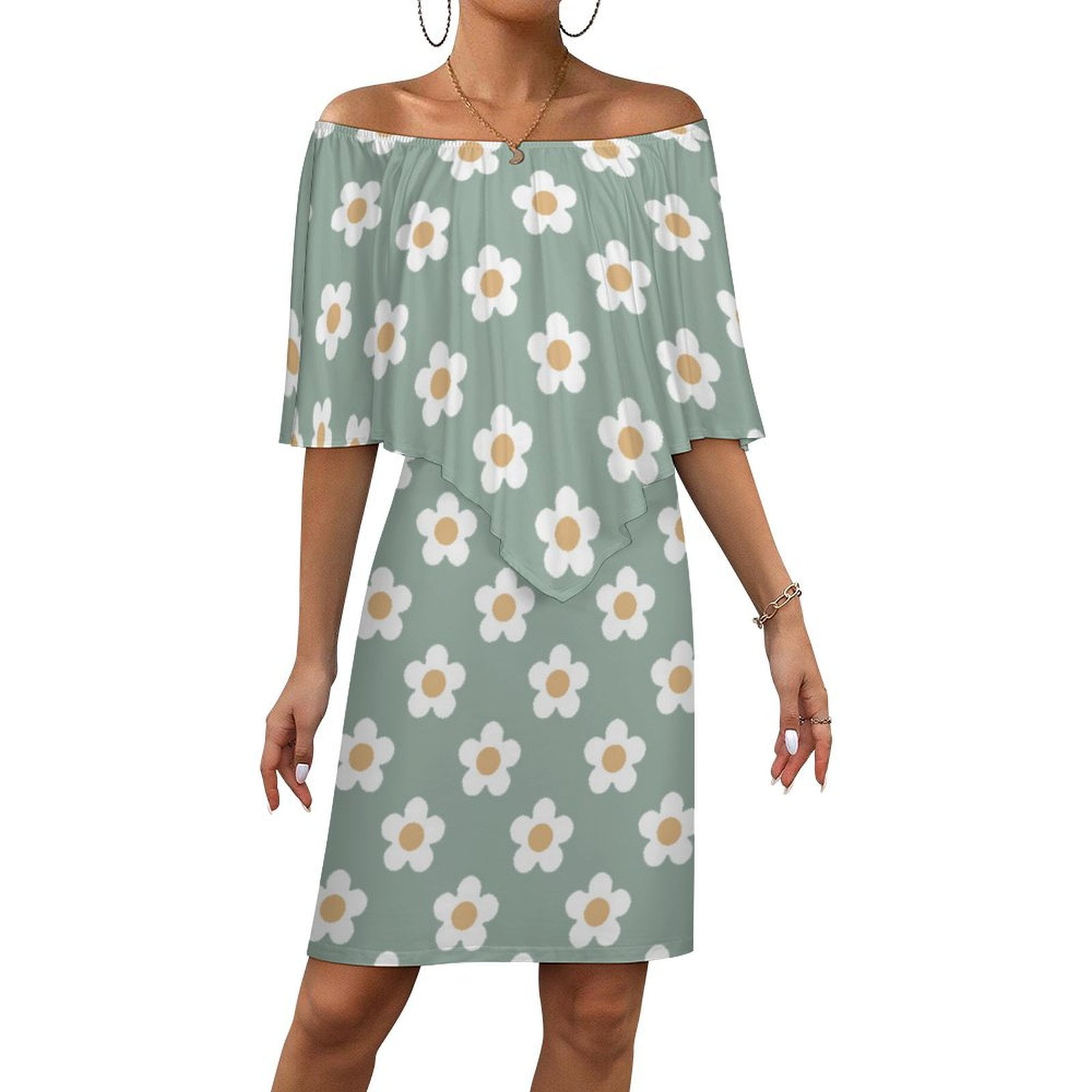 White Cartoon Flowers Women's Off The Shoulder Ruffles Summer Wedding ...