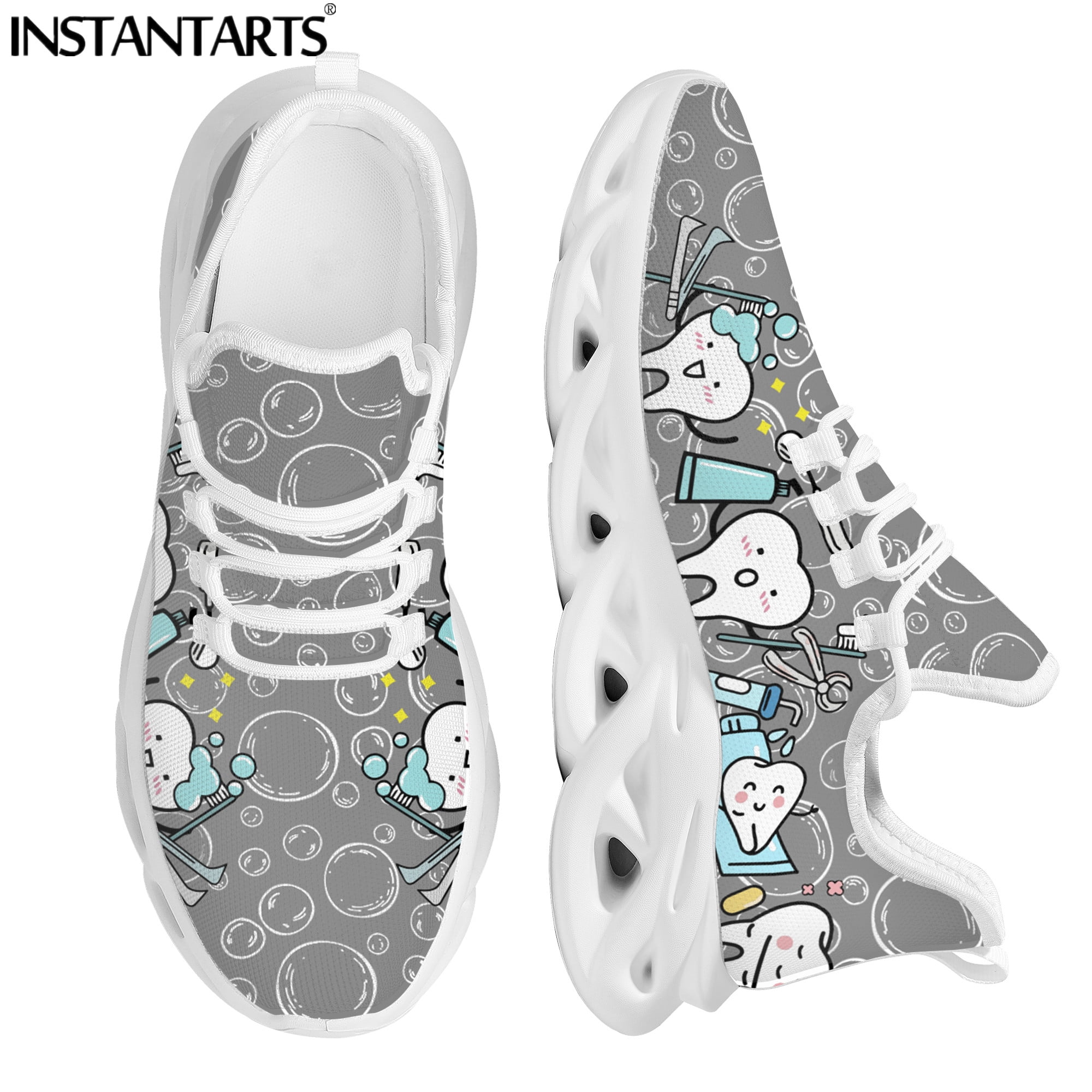 White Cartoon Tooth Pattern Women Flats Shoes Mesh Lace Up Comfortable ...