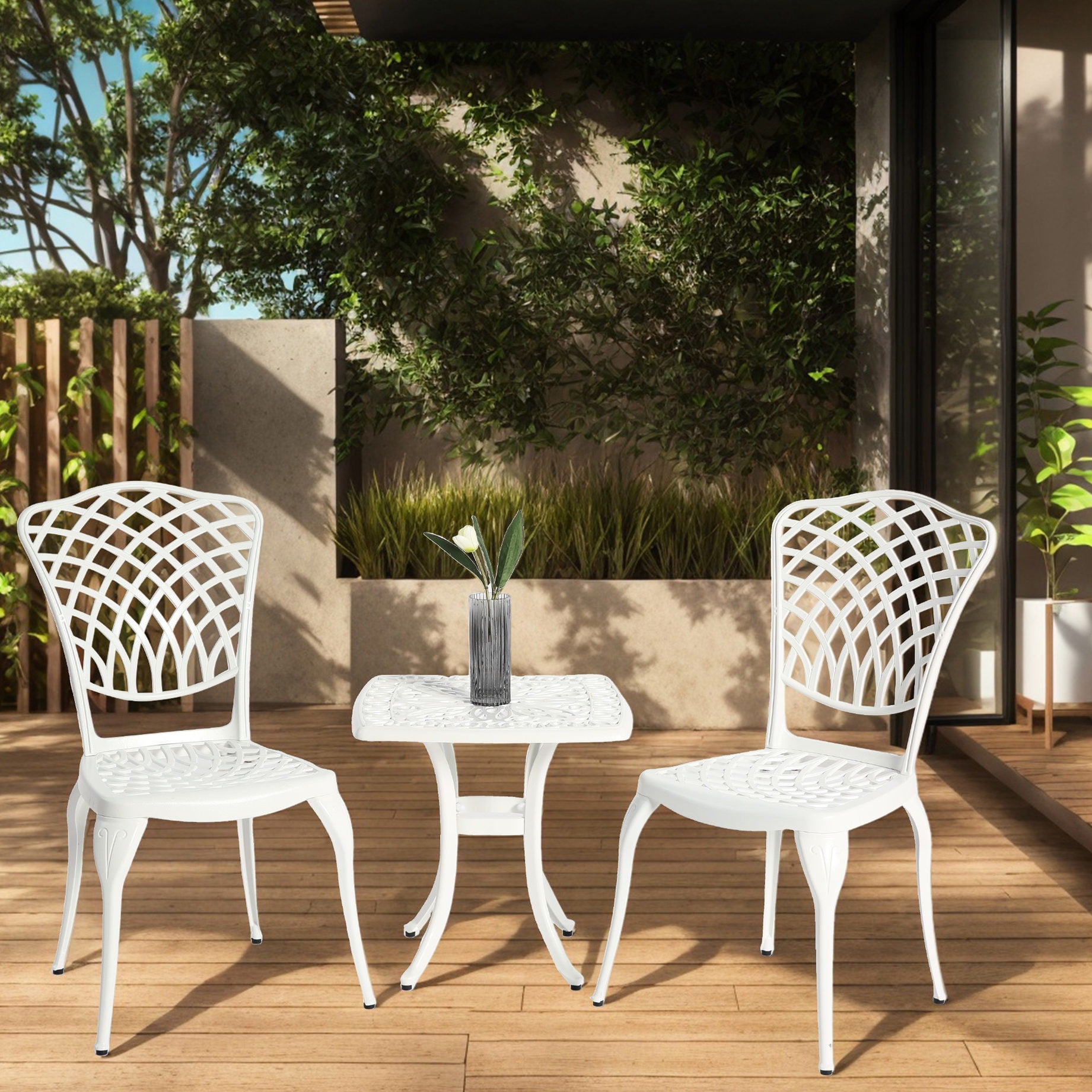 White Cast Aluminum Patio Bistro Set - 3 Piece, Adjustable Foot Caps ...