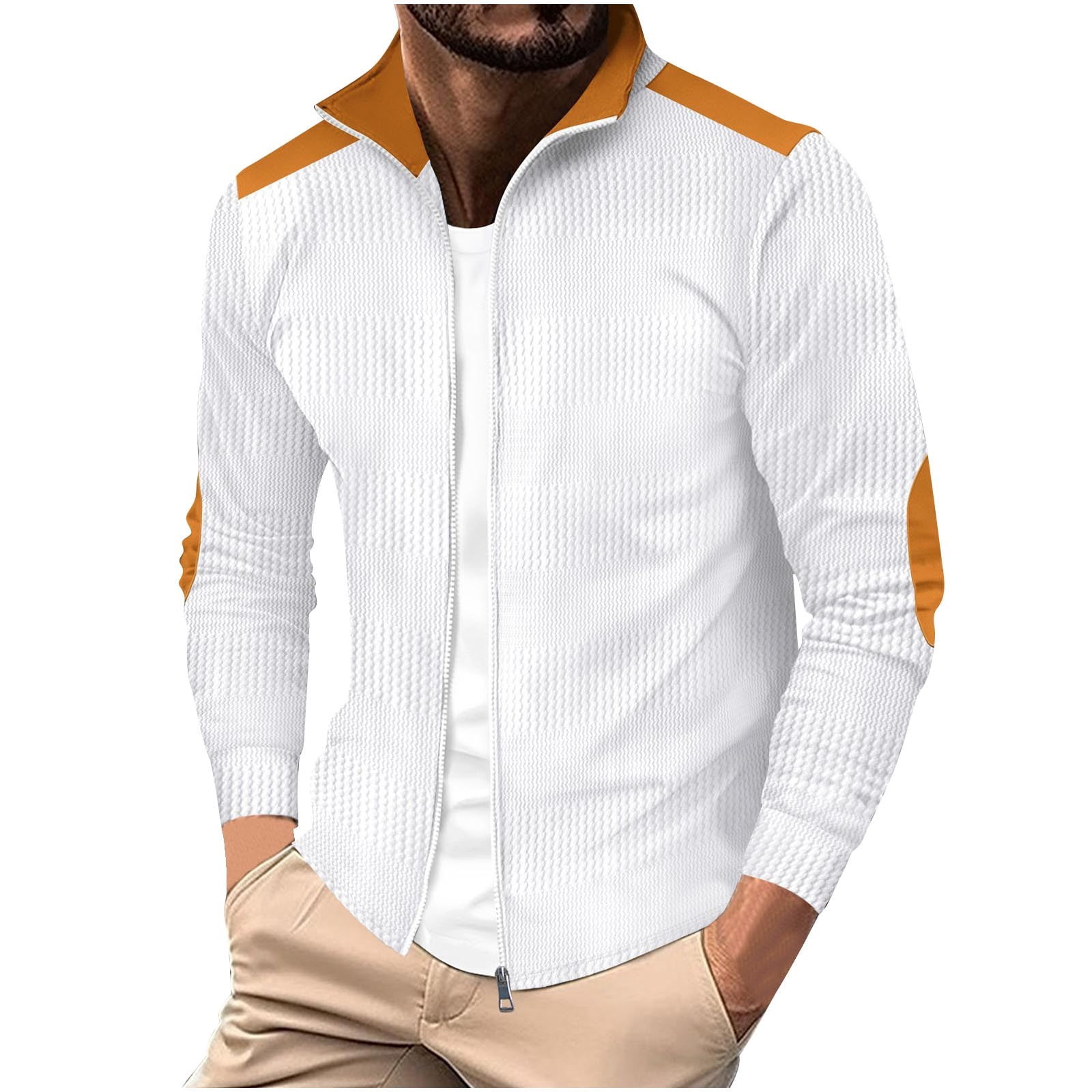 White Casual Jacket for Mens Fall Winter Cuff Long Sleeve Collared Neck ...