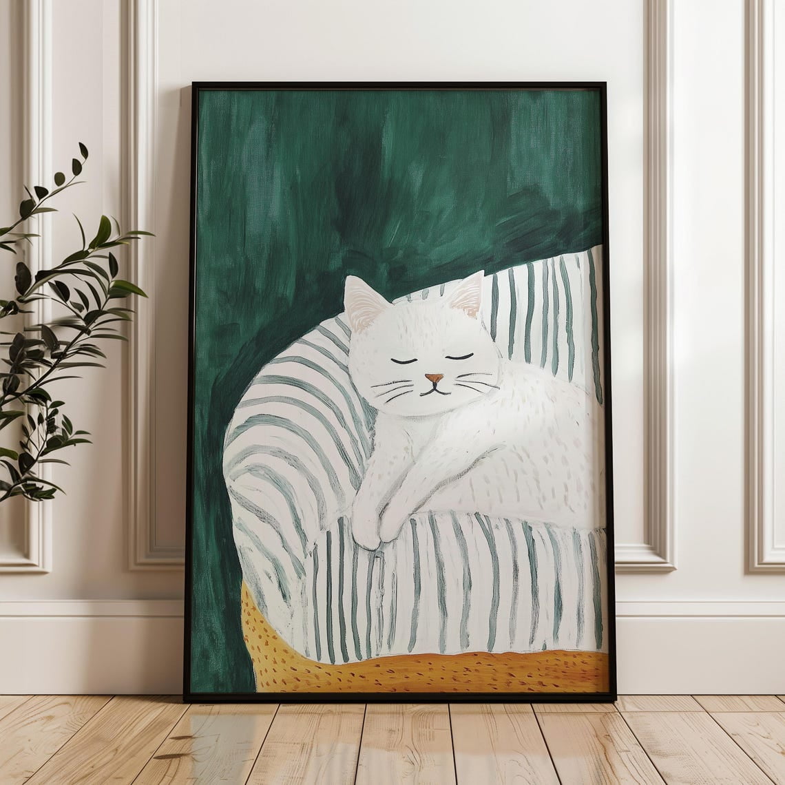 White Cat Art Print, Cozy Pet On Couch, Minimalist Feline Green And ...