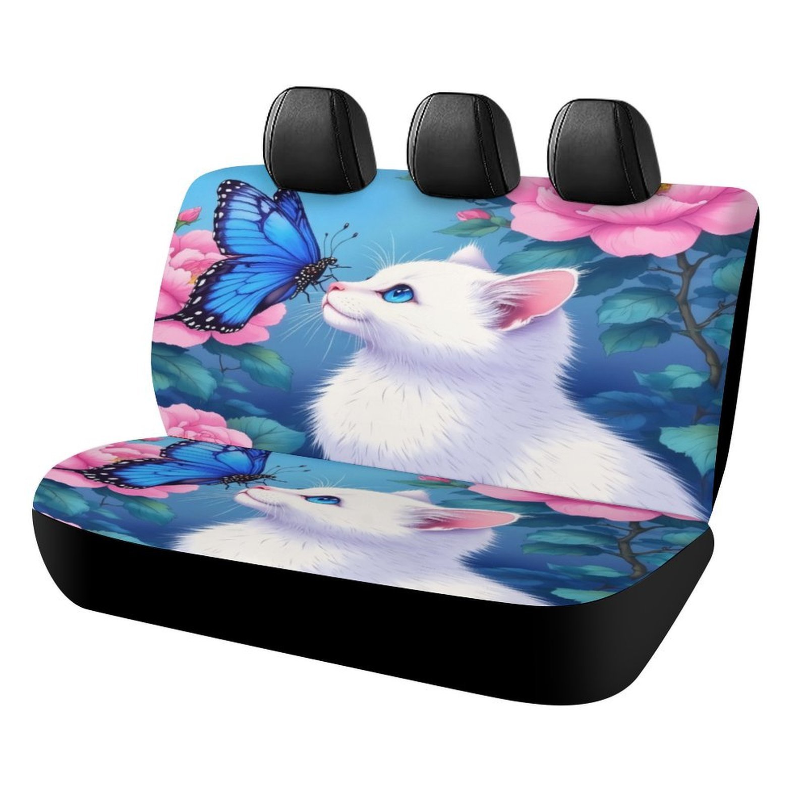 White Cat with Blue Butterfly And Pink Flowers Car Rear Seat Cover ...