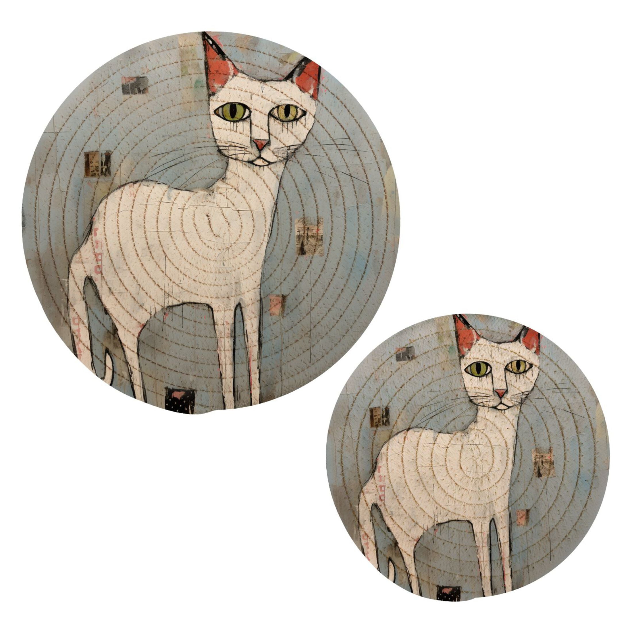 White Cat Blue Wall Trivet Mats Pot Holders Cotton Woven Non-Slip Heat ...
