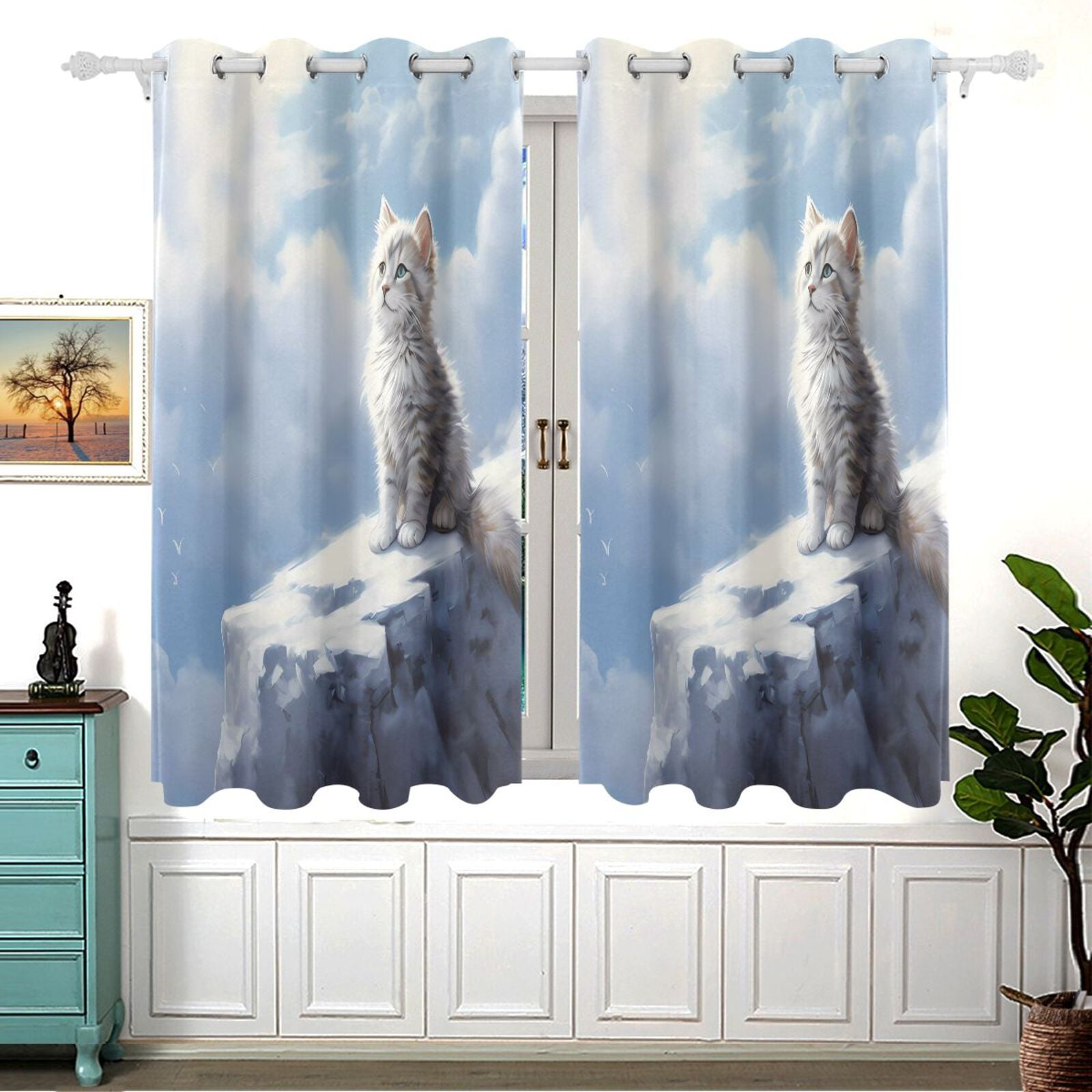 White Cat Iceberg Clouds Black Out Curtains Aesthetic for Bedroom ...