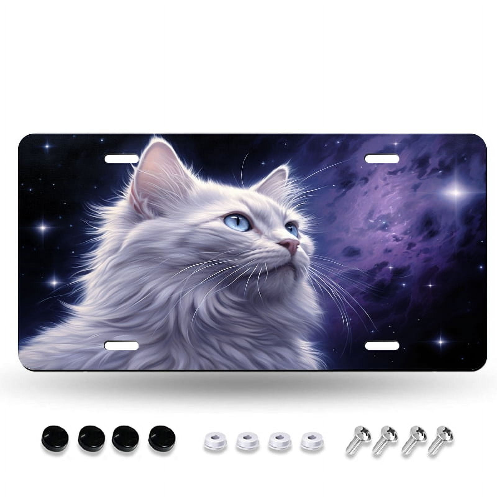 White Cat Looks Up At The Stars in Space Front License Plate ...
