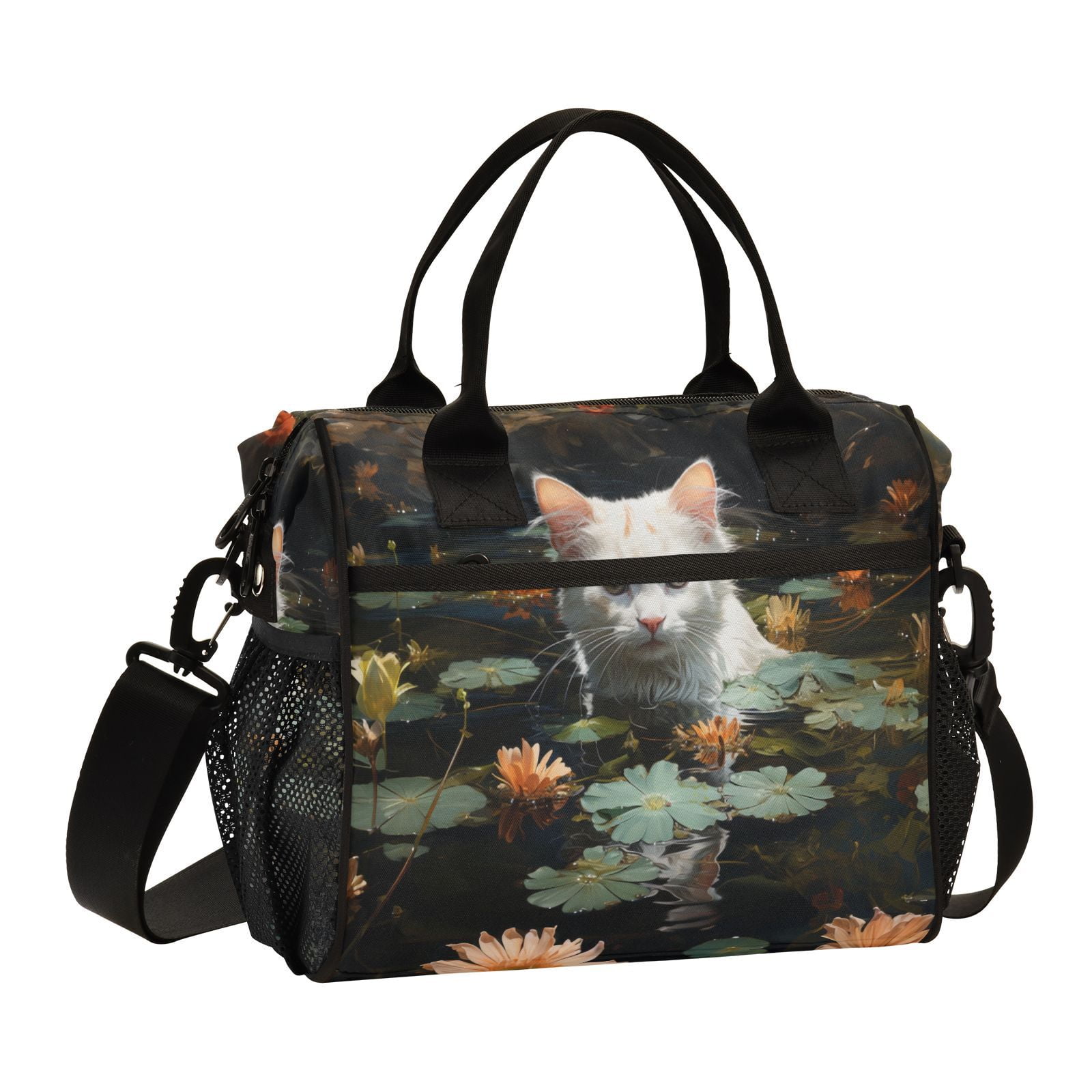 White Cat Lotus Leaves Flowers Pool Cooler Bag Lunch Bag Soft Cooler ...