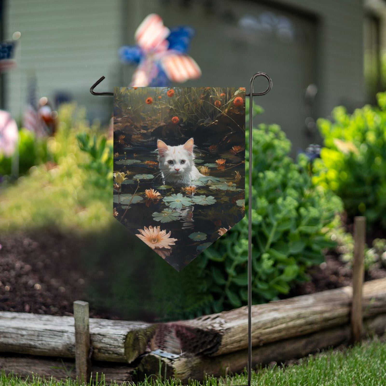 White Cat Lotus Leaves Flowers Pool Garden Flag 18" x 12.5" Double ...