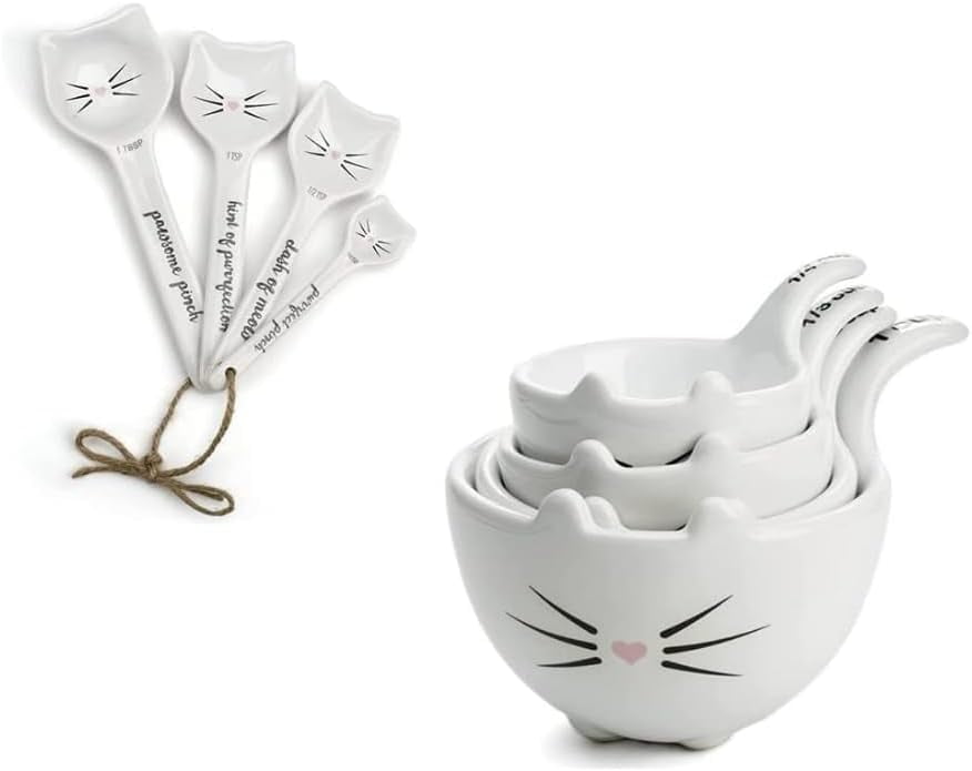 White Cat Measuring Cup and Spoon Gift Set - Ceramic Kitchen Tools for ...