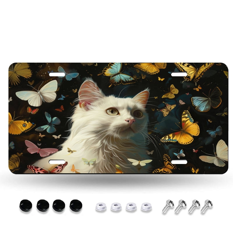 White Cat with a Mesmerized Look Amongst Butterflies License Plate ...