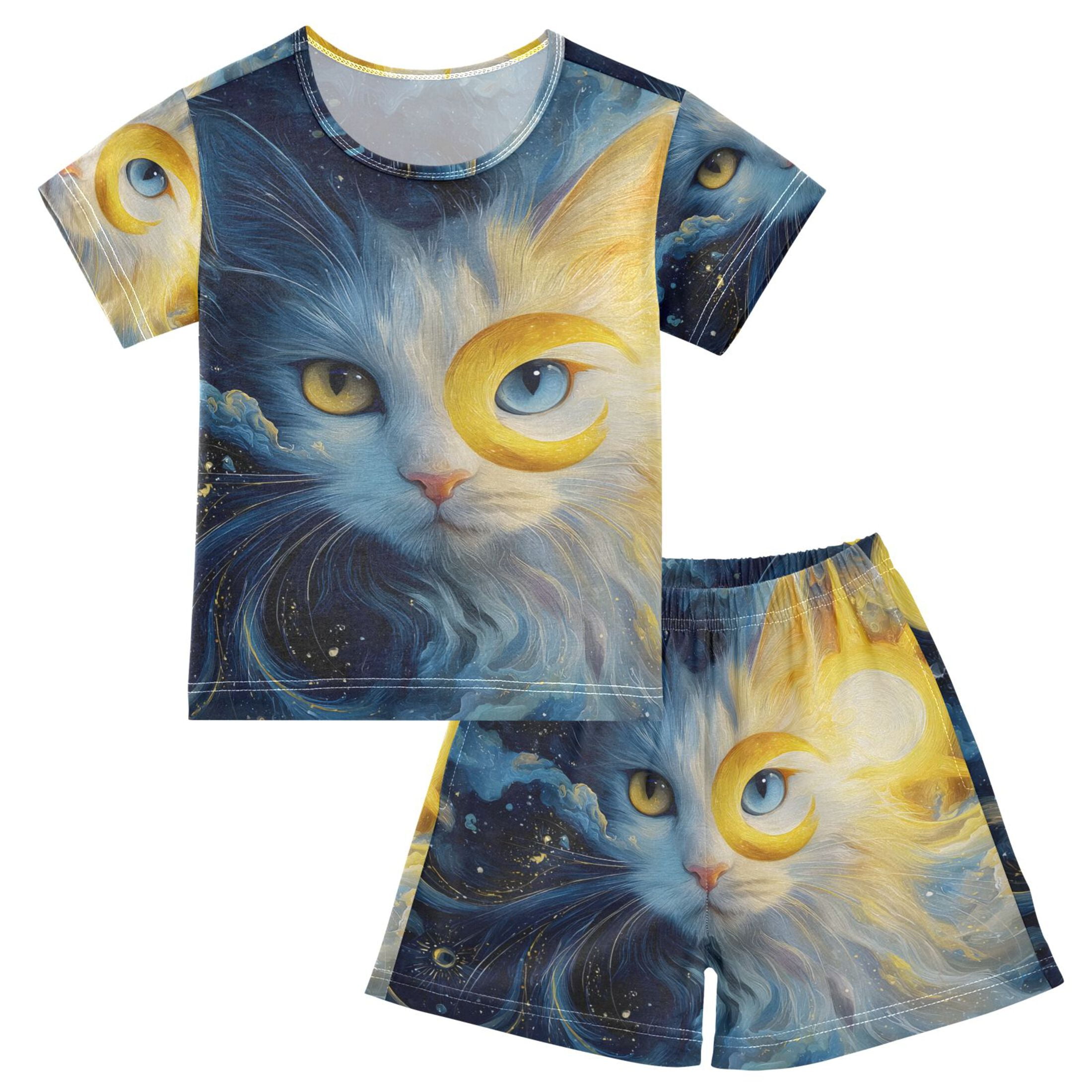 White Cat Summer Pajama Set Soft Cotton Short Sleeve Sleepwear 2PCS ...