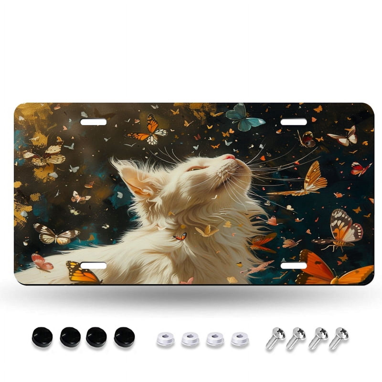White Cat Surrounded by Butterflies of Fantasy Art License Plate Frame ...