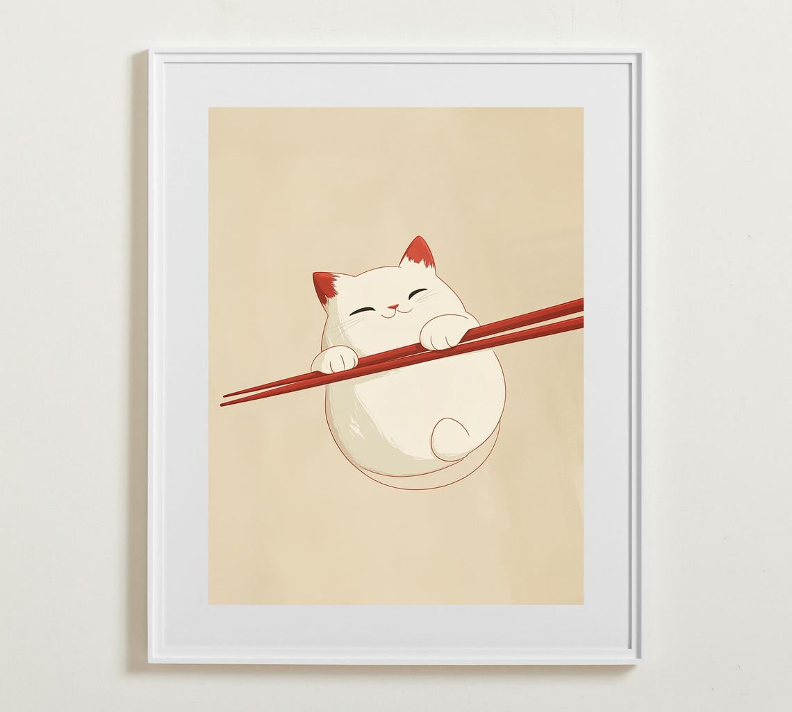 White Cat Wall Art, Tokyo Print, Kitchen Decor, Cat Dumpling Poster ...