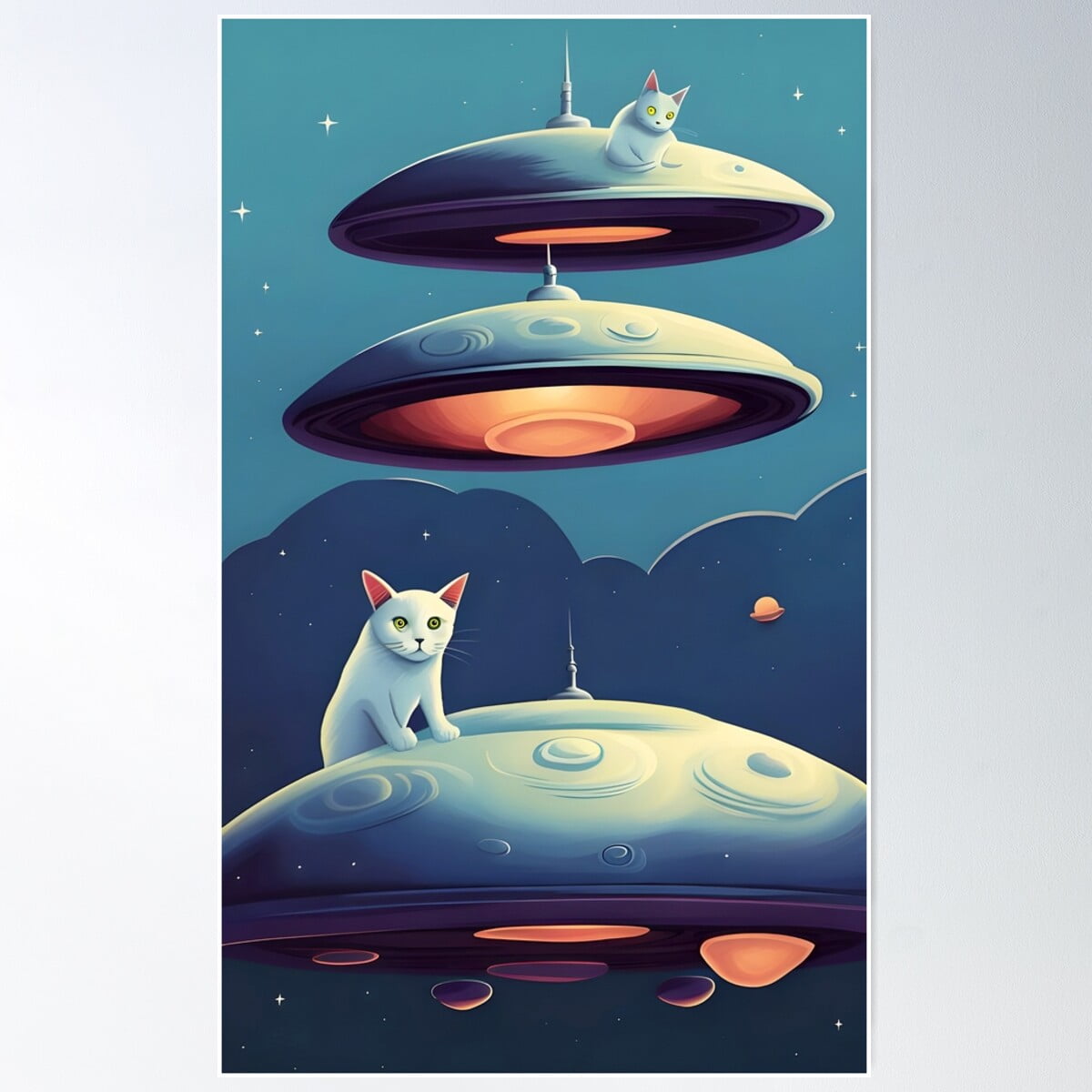 White Cats And Ufos Poster Wall Art, Modern Wall Decor For Living Room ...