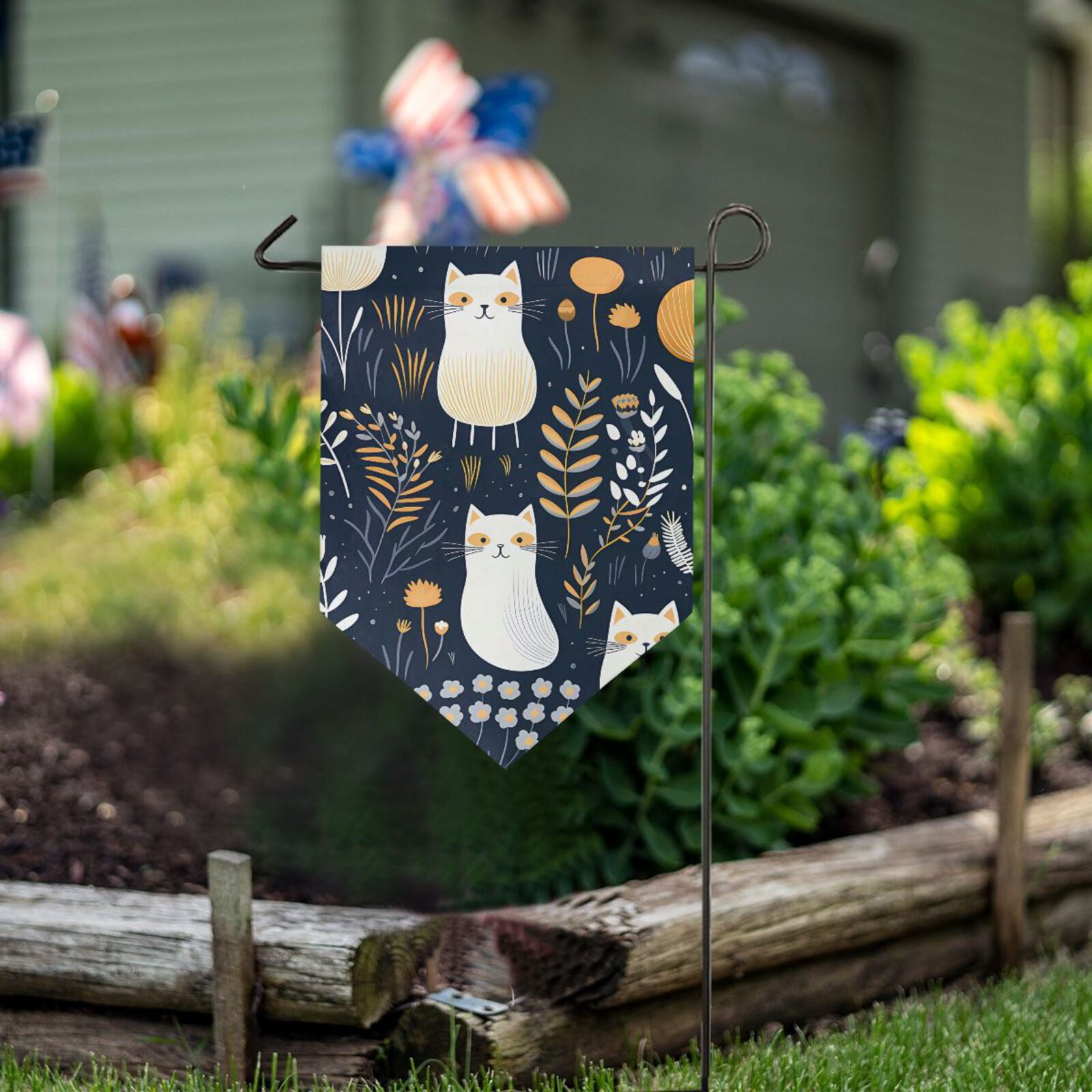 White Cats Flowers Leaves Garden Flag 18" x 12.5" Double Sided Yard ...