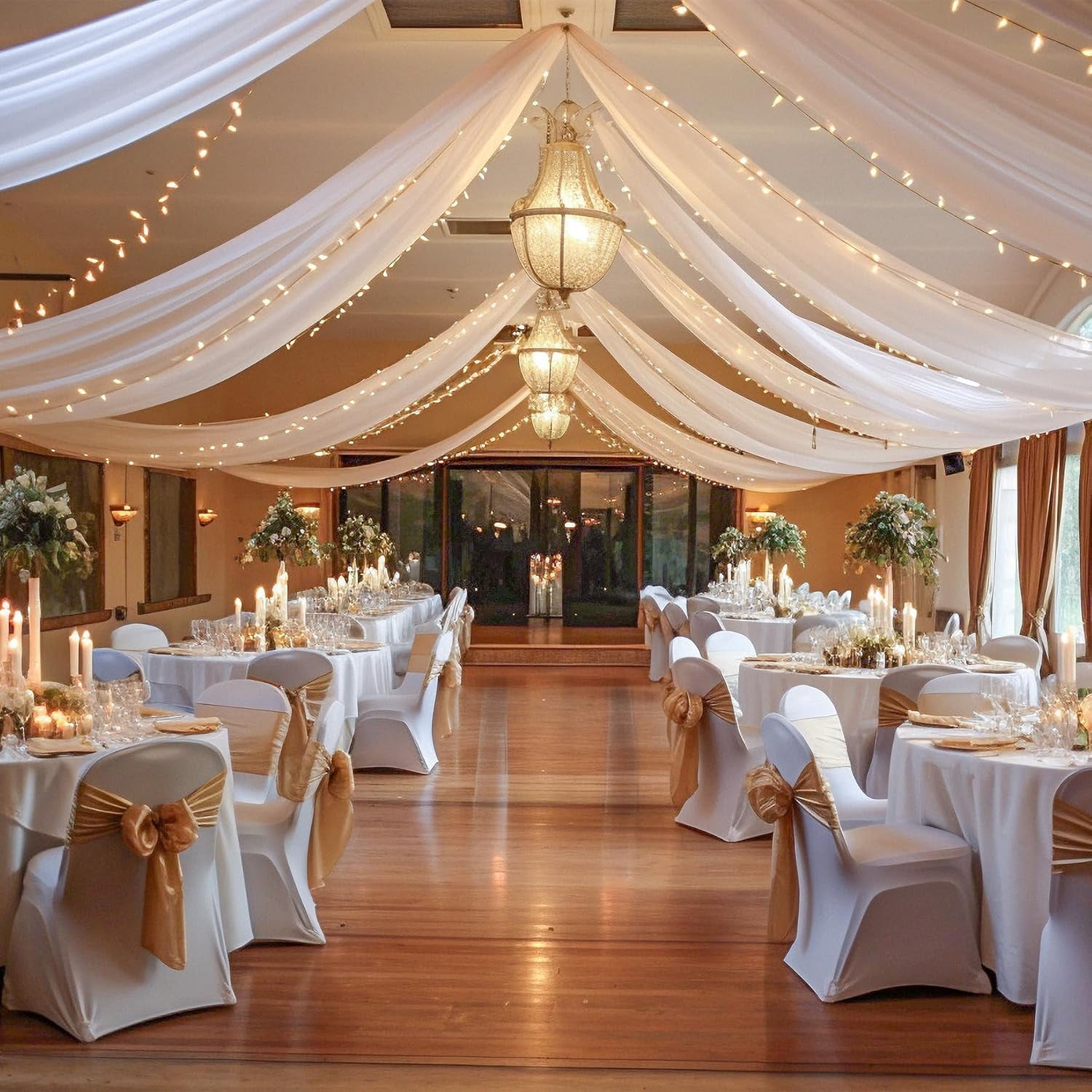 White Ceiling Drapes with Lights String for Weddings, 6 Panels 5ftx10ft ...