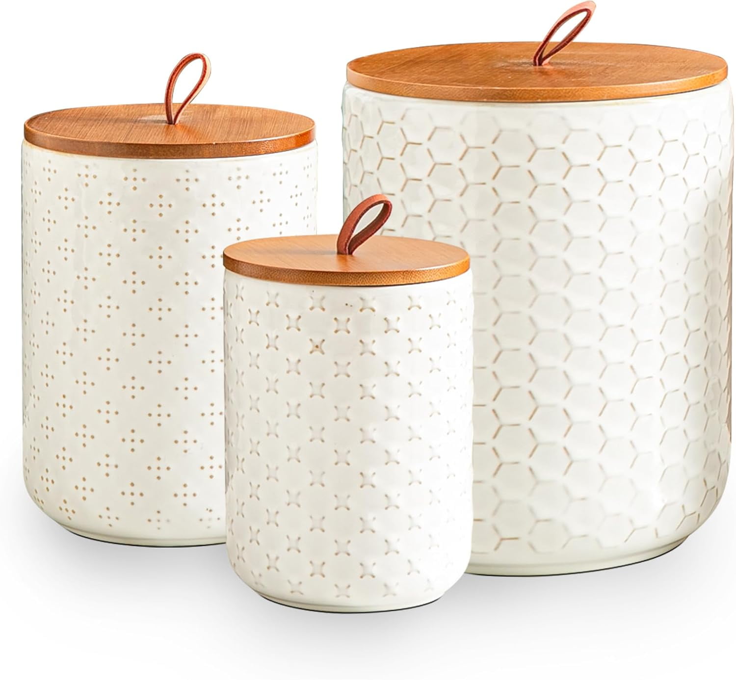 White Ceramic Canister Set with Wooden Lids – 3-Piece Airtight Food ...