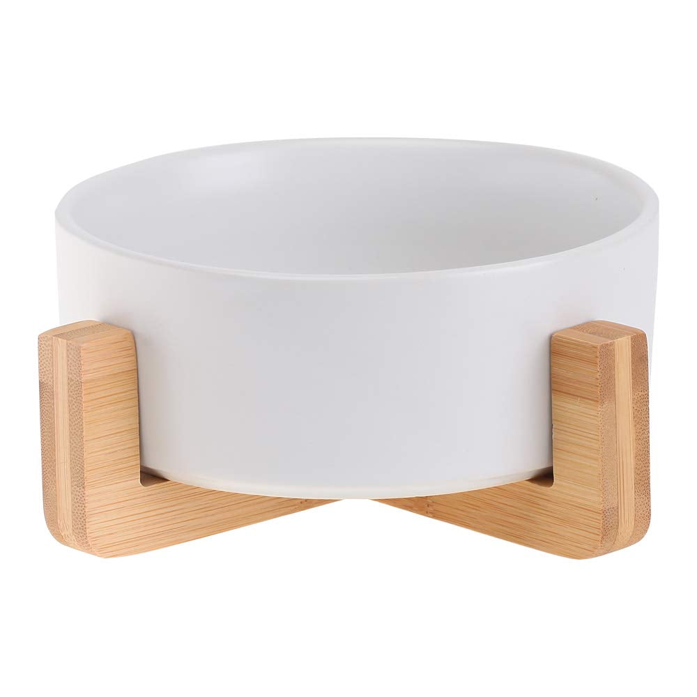 White Ceramic Cat Dog Bowl Dish With Wood Stand No Spill Pet Food Water ...