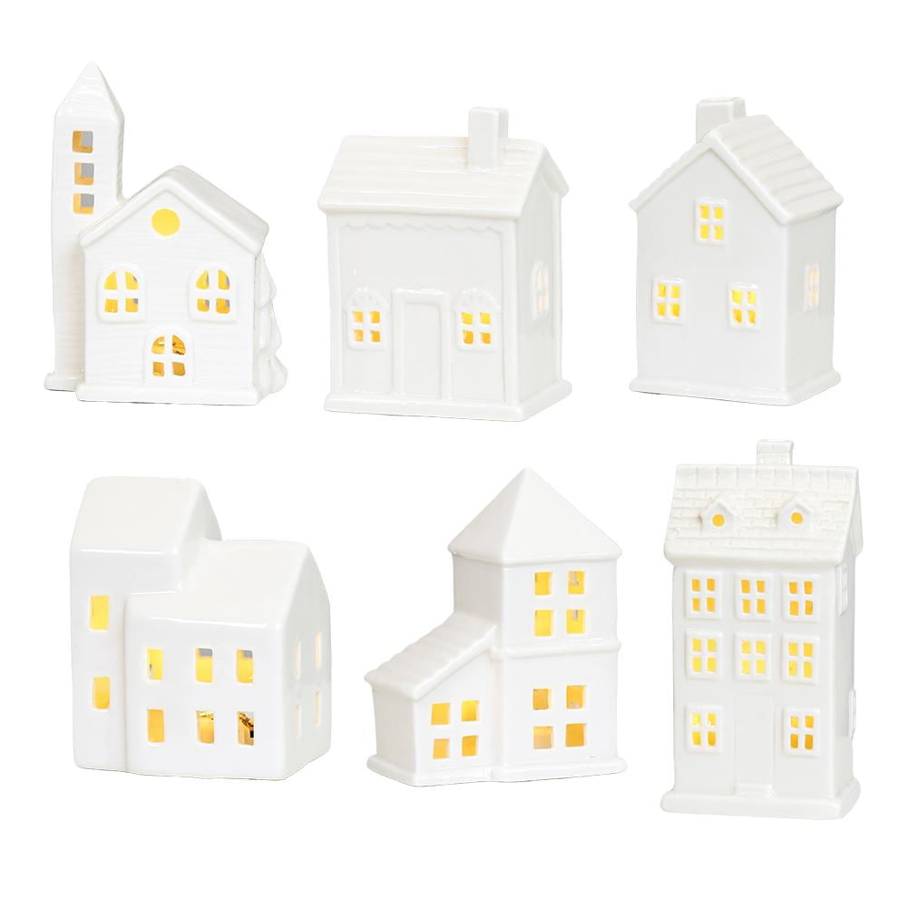 White Ceramic Christmas Village Houses, LED Lighted Ceramic Winter ...