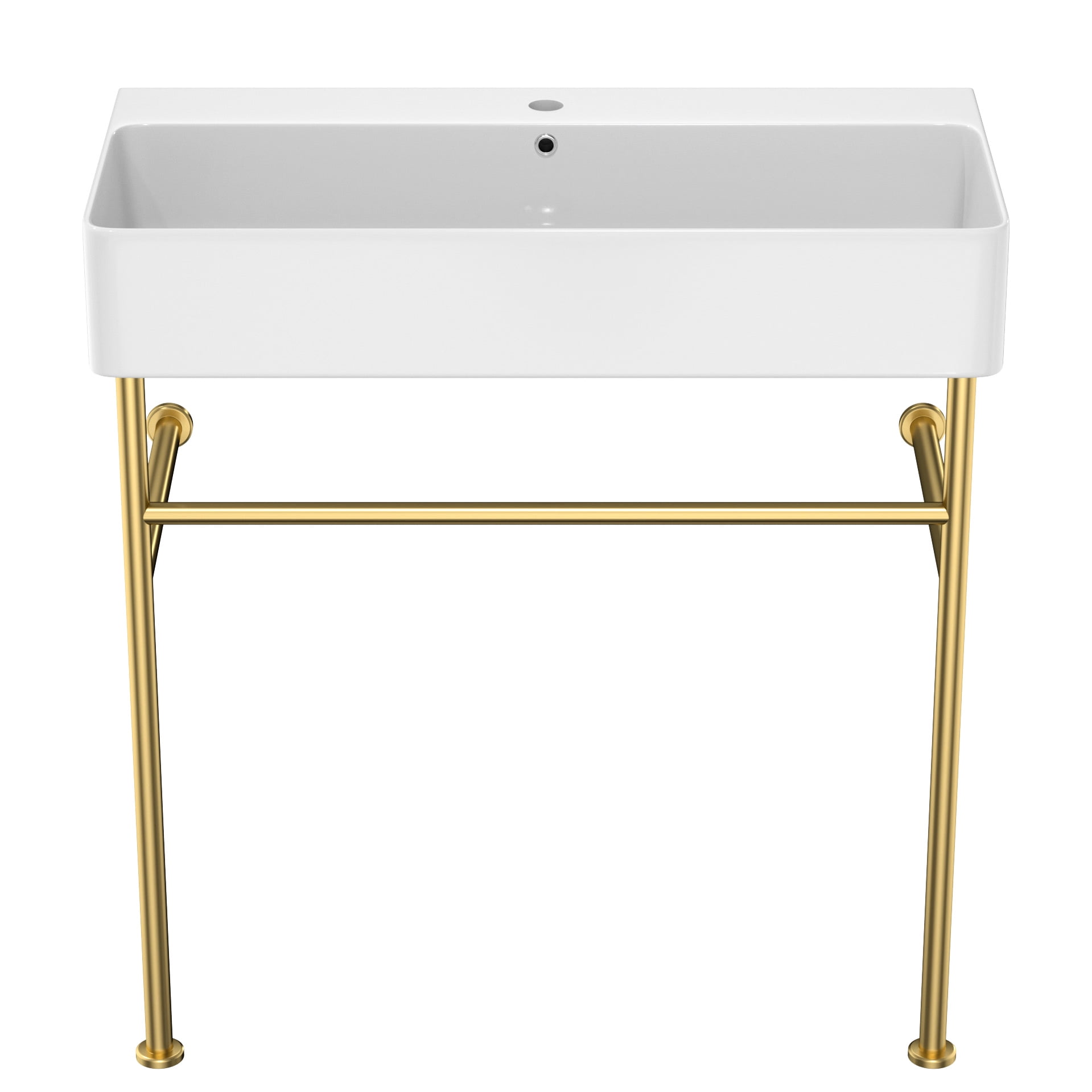 White Ceramic Console Sink 35" - Overflow Hole, Gold Legs Adds Style To ...