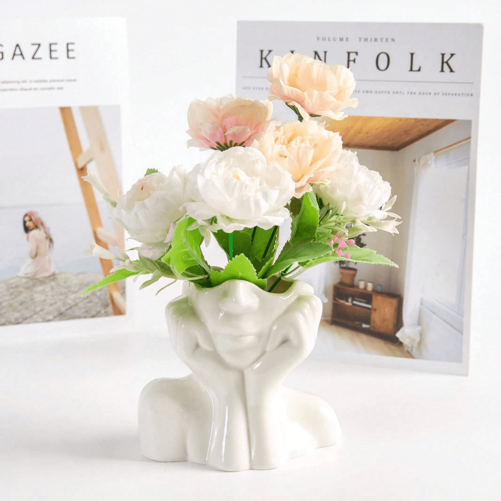 White Ceramic Faceted Vase, Female Head Half Chest Vase Bohemian ...