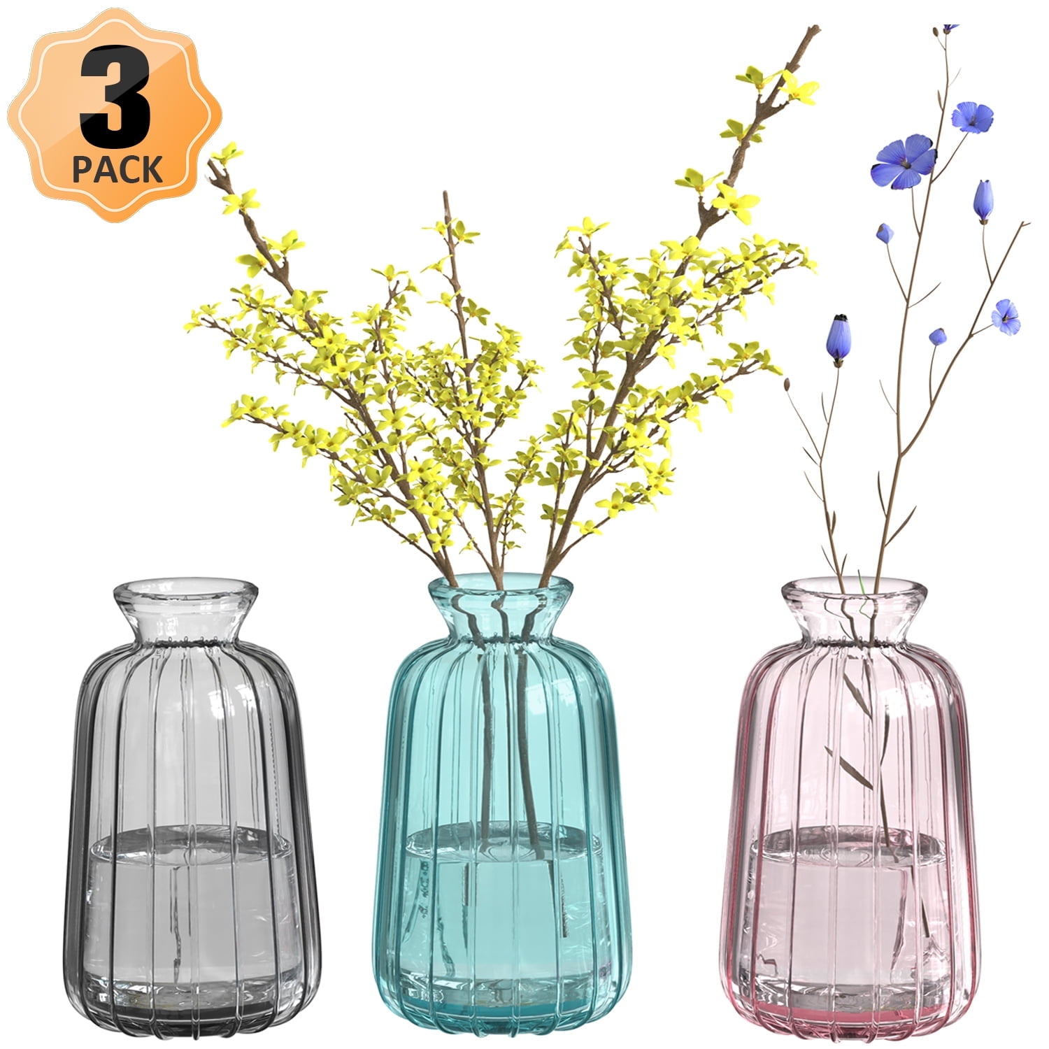 Foukus Colorful Glass Bud Vases Set, 3 Pack, Small Ribbed, Vintage ...