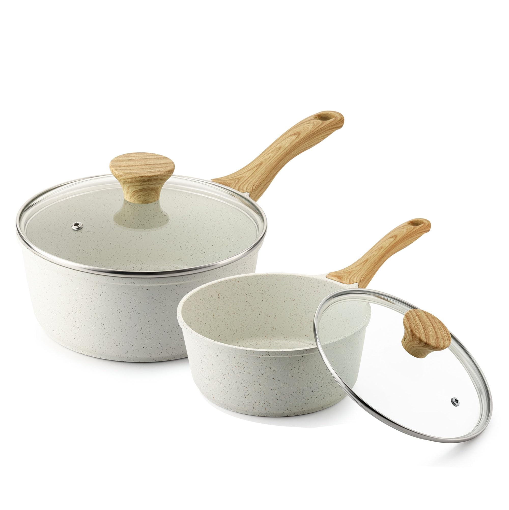 White Ceramic Nonstick Saucepan with Lid Set, Small Cooking Pot with ...