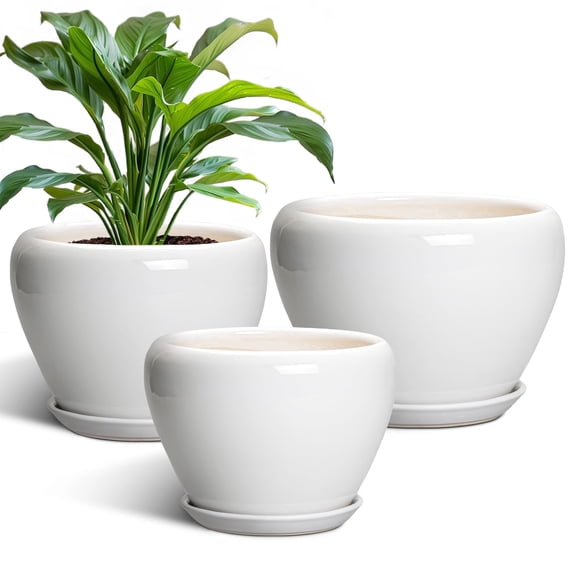 White Ceramic Plant Pots Set of 3 – 6, 8, 10 Inch Round Flower Pots ...
