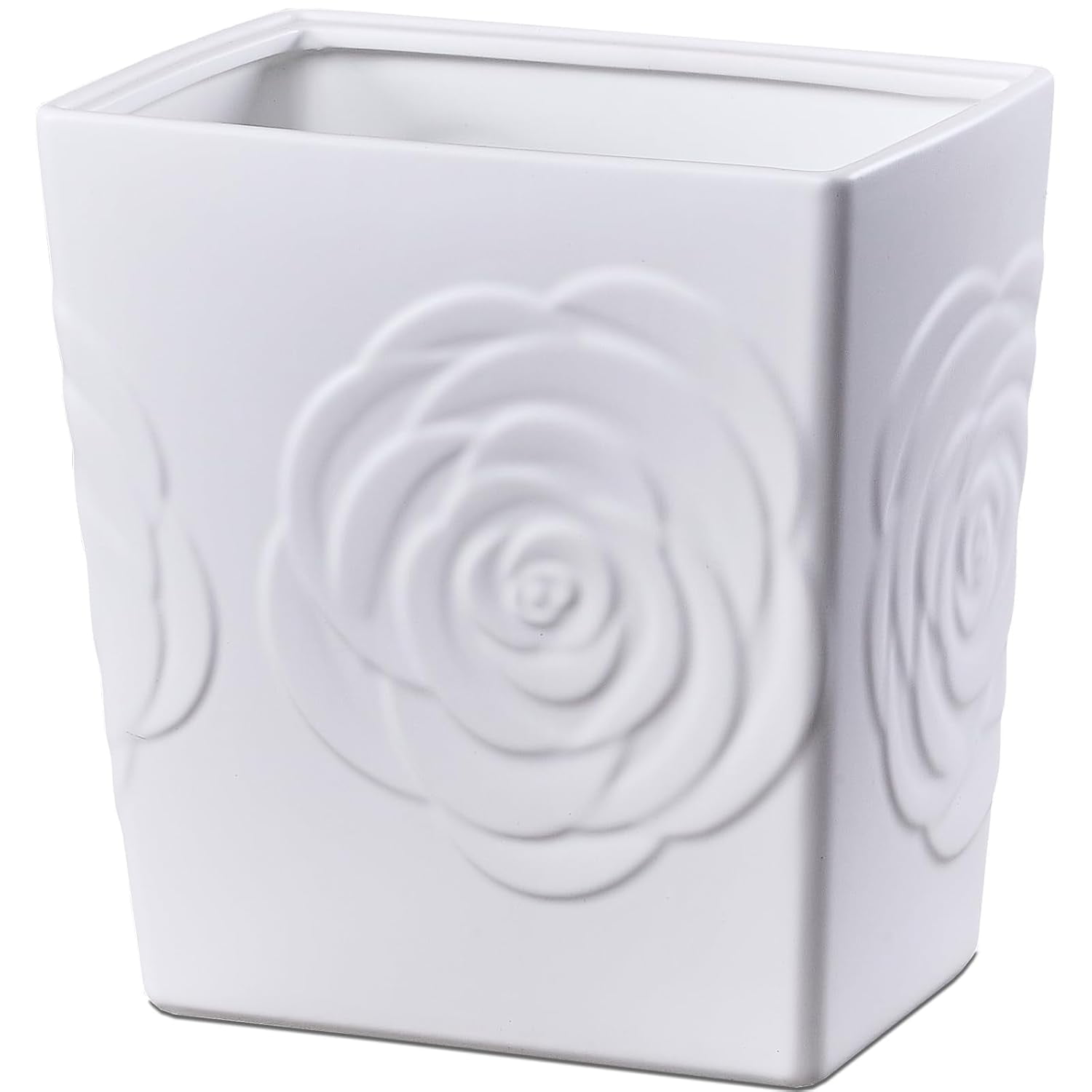 White Ceramic Rose Small Bathroom Trash Can 2.5 Gal (9 Liter), Heavy ...