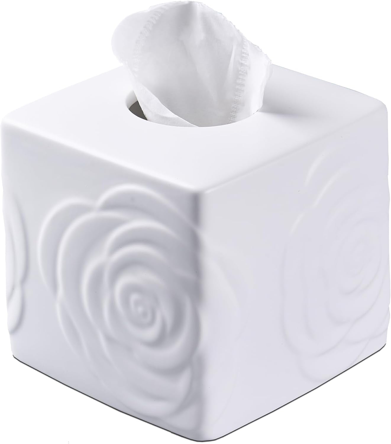 White Ceramic Rose Tissue Box Cover, Carved Flowers Large Square Tissue ...